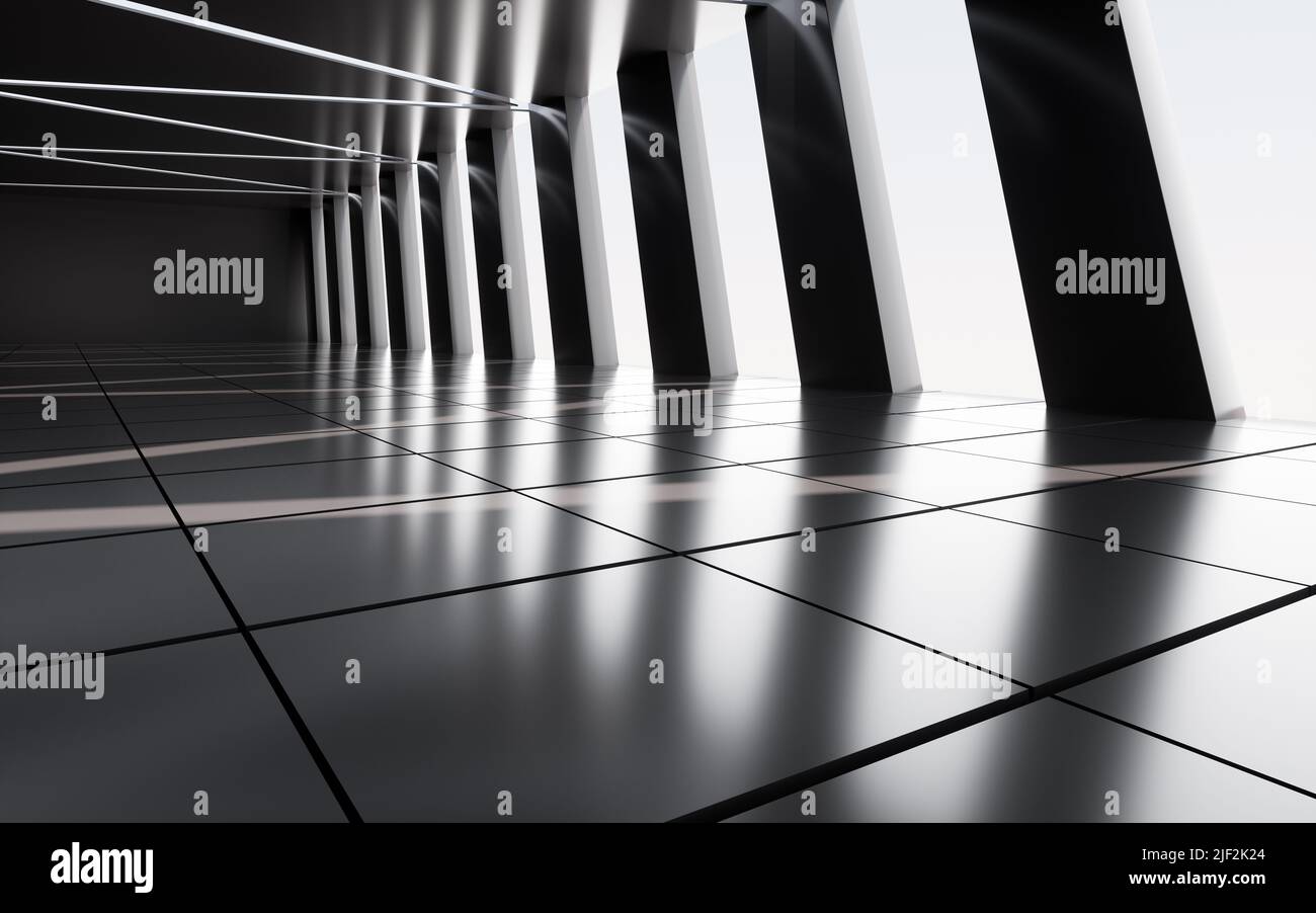 Abstract empty gray room interior with inclined columns, 3d rendering ...