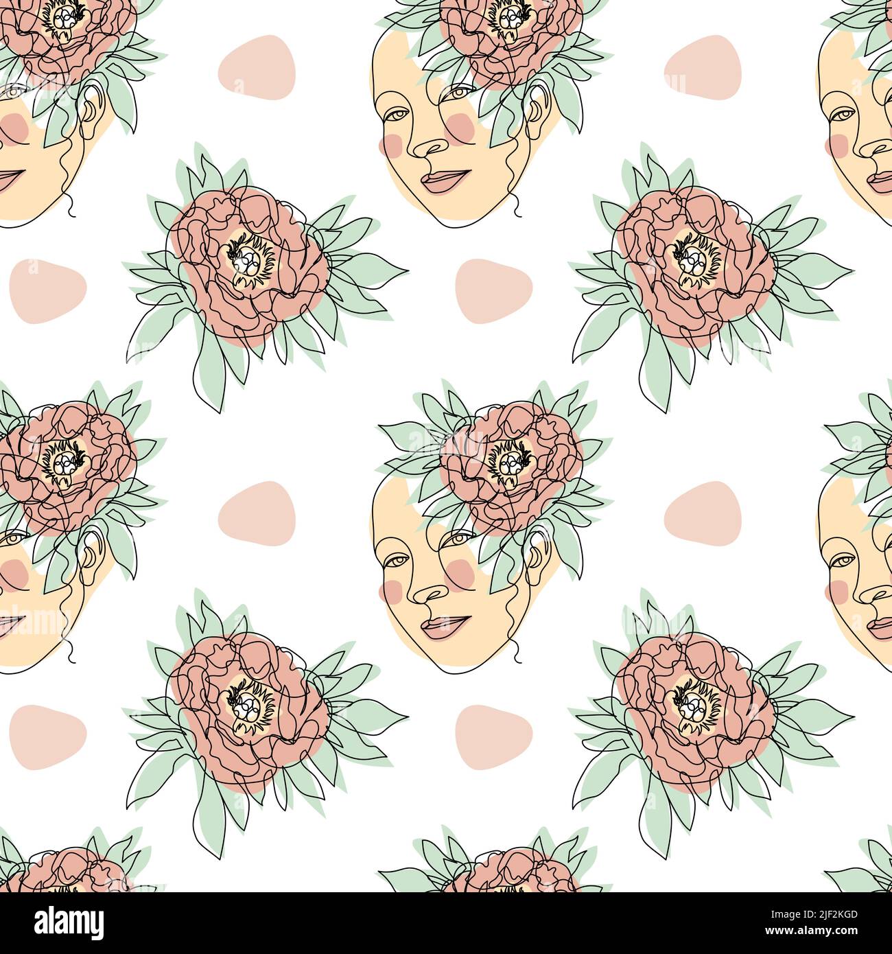 Seamless pattern with one single line drawings of female face and ...