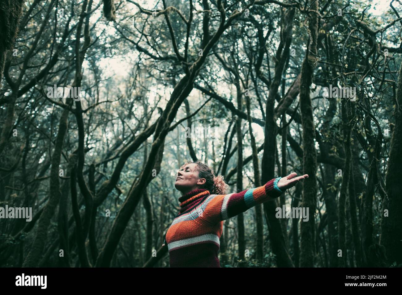 Freedom people enjoyng feeling with nature forest. Woman outstretching ...