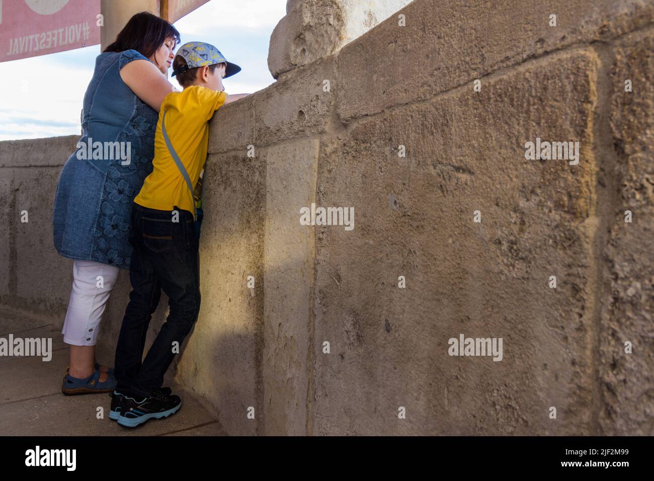 People watching the view from old Medieval round corridor observation ...