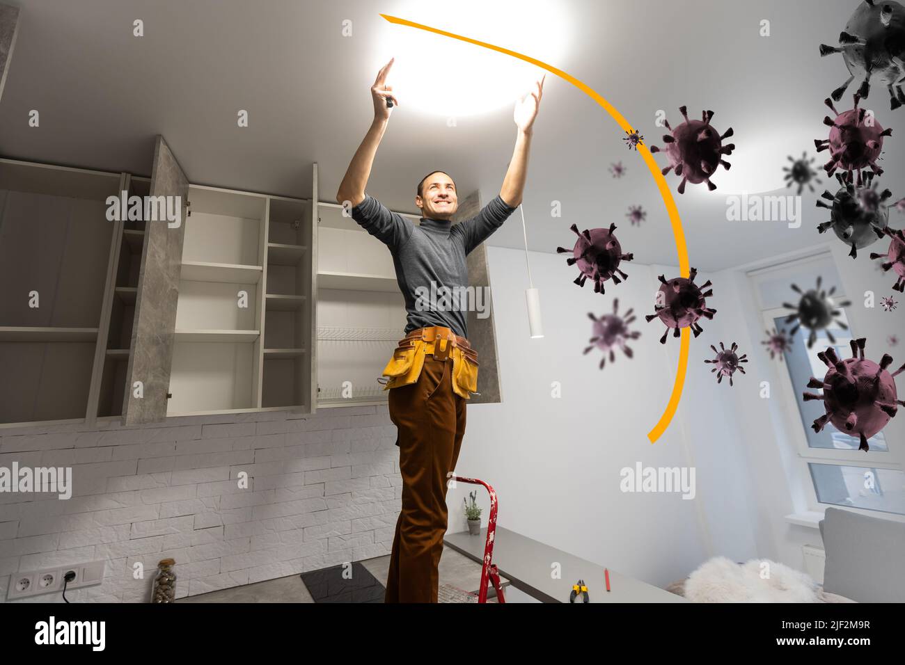 man safely inside a shield dome that protects him from virus ...