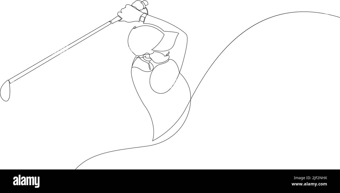 One single line drawing of young sporty golf player hit the ball using ...