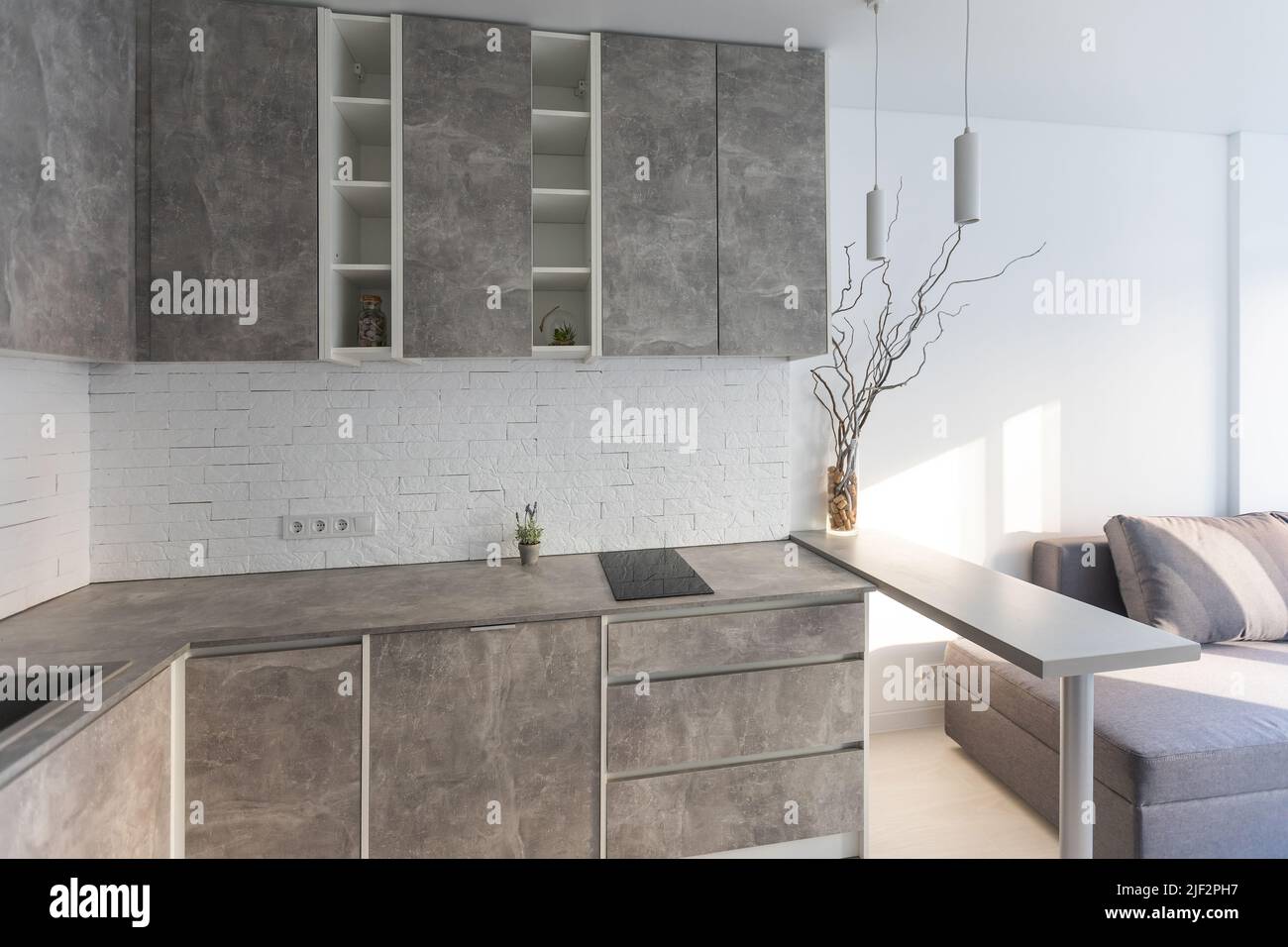 Modern minimalistic dark gray loft style studio apartment interior ...