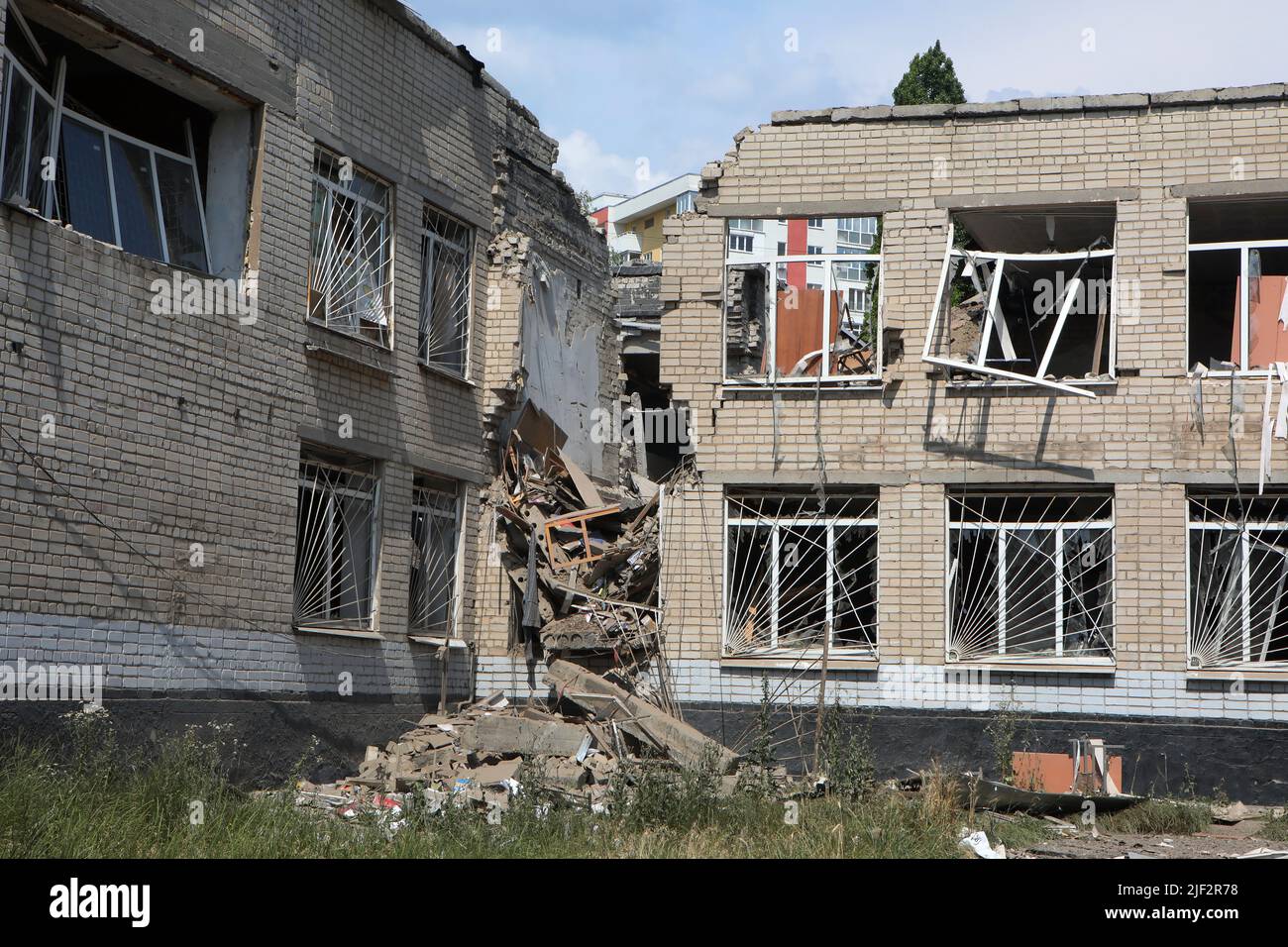 KHARKIV, UKRAINE - JUNE 28, 2022 - A school shows damage after a ...
