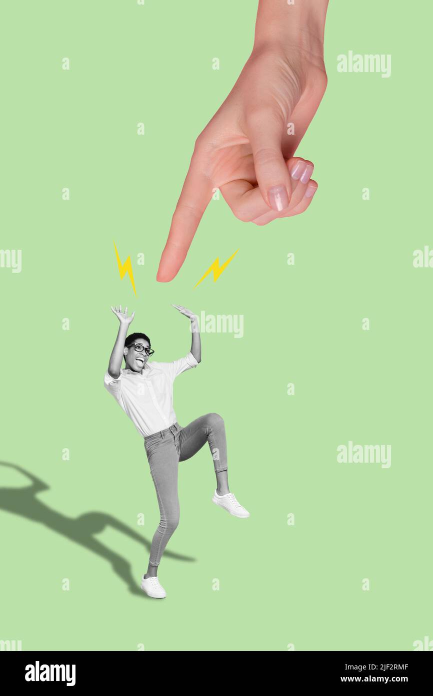 Vertical creative collage image of huge hand finger point scared crazy ...