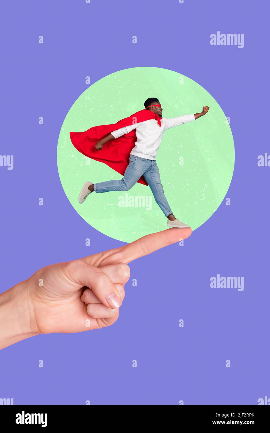 Vertical collage image of huge arm finger point indicate way small guy ...