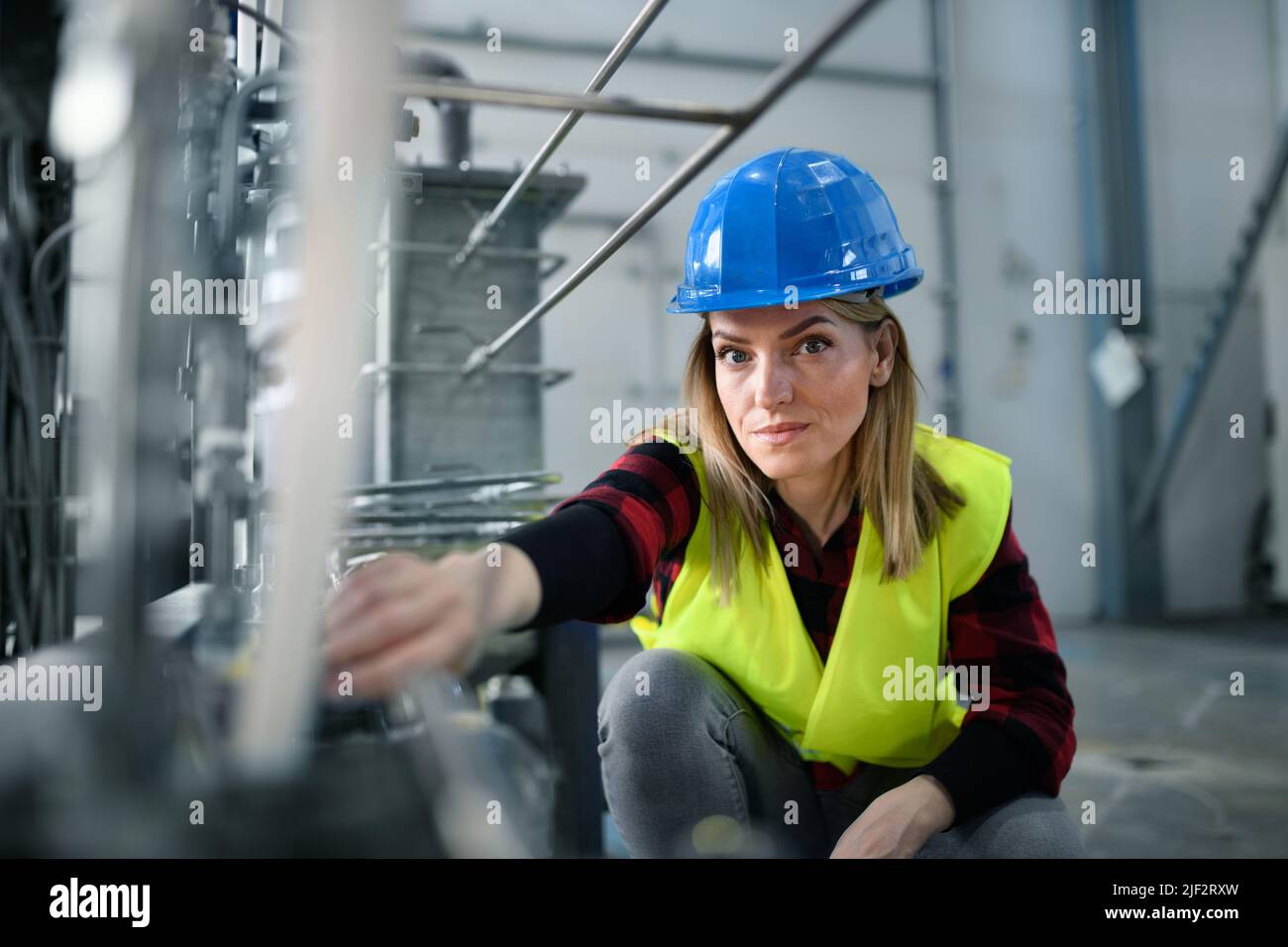 Portrait of female engineer working in industrial factory, doing ...