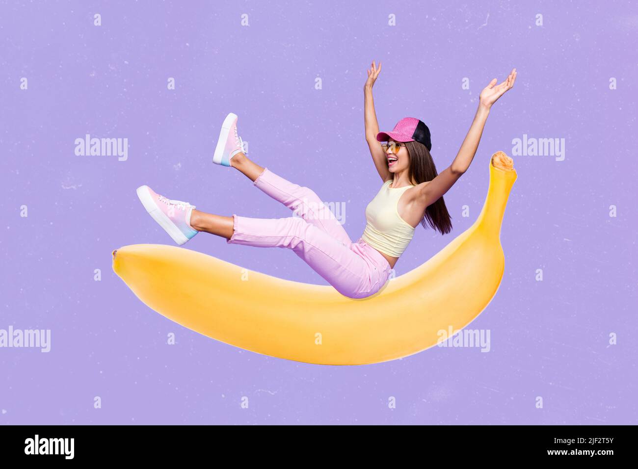 Creative collage image of overjoyed carefree girl imagine sit ride huge ...