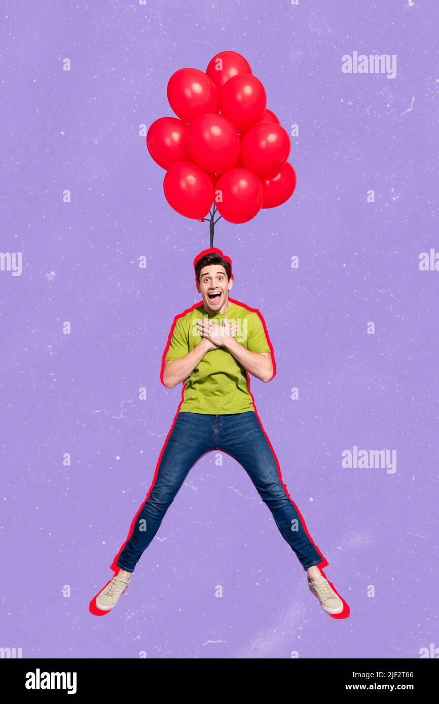 Artwork magazine picture of funky impressed guy flying red balloons ...