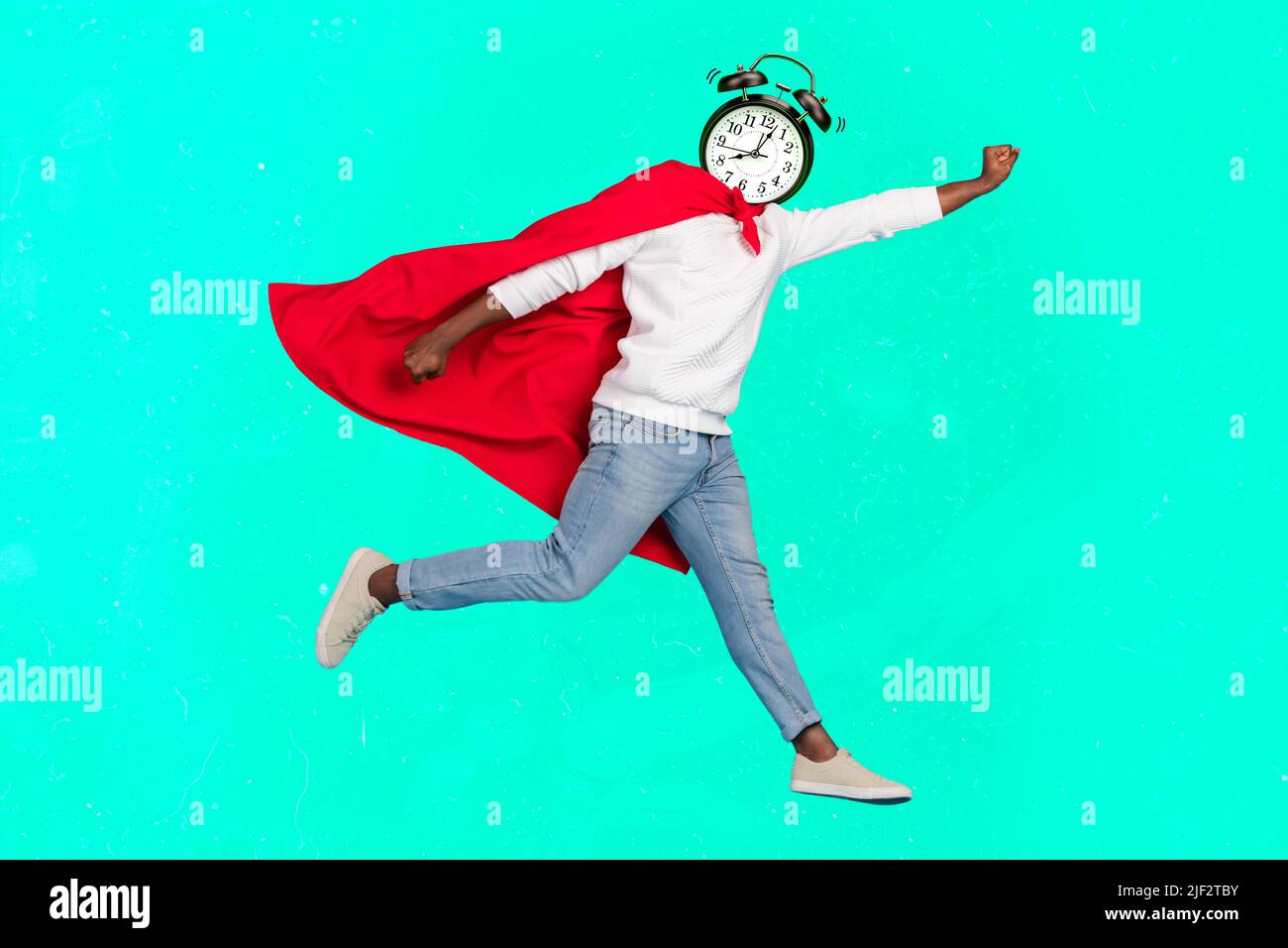 Composite collage portrait of flying guy clock instead head raise hand ...