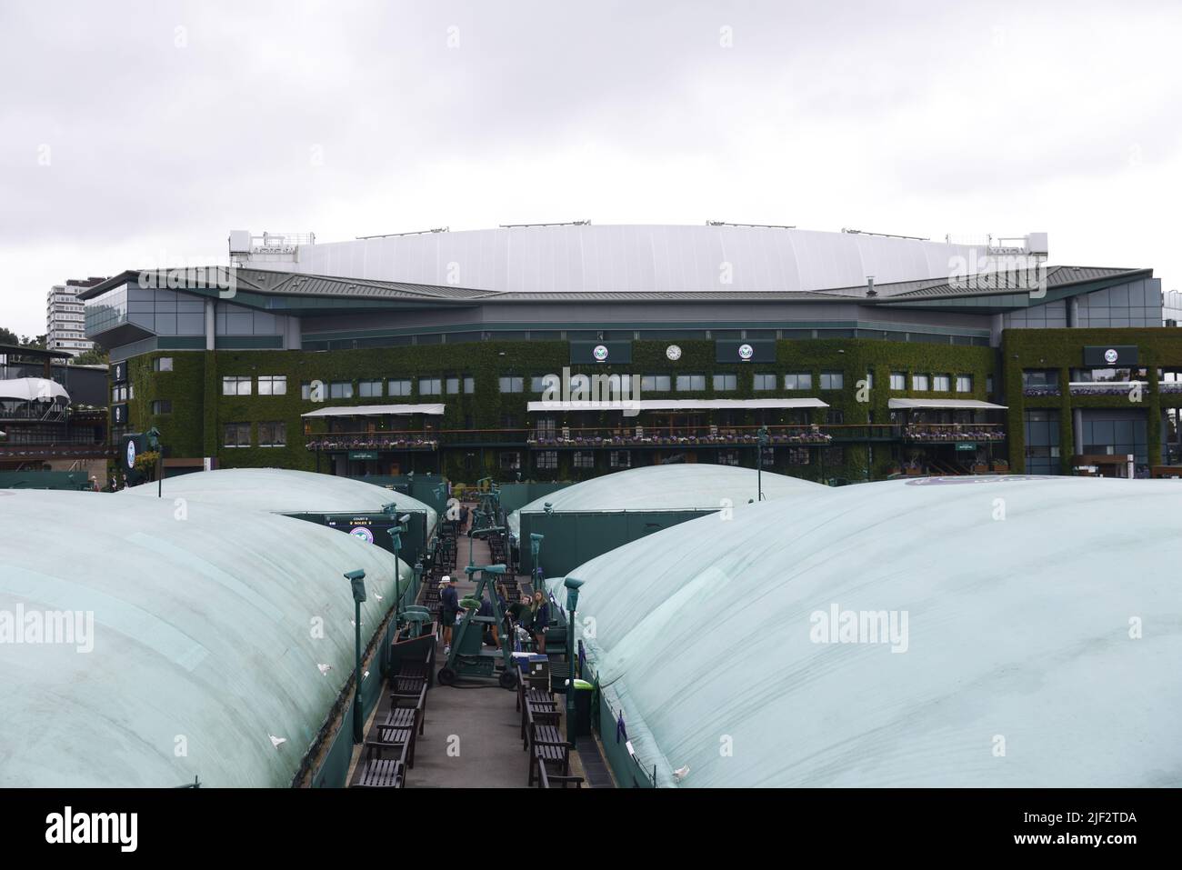 A general view of the outside courts and Centre Court prior to day ...