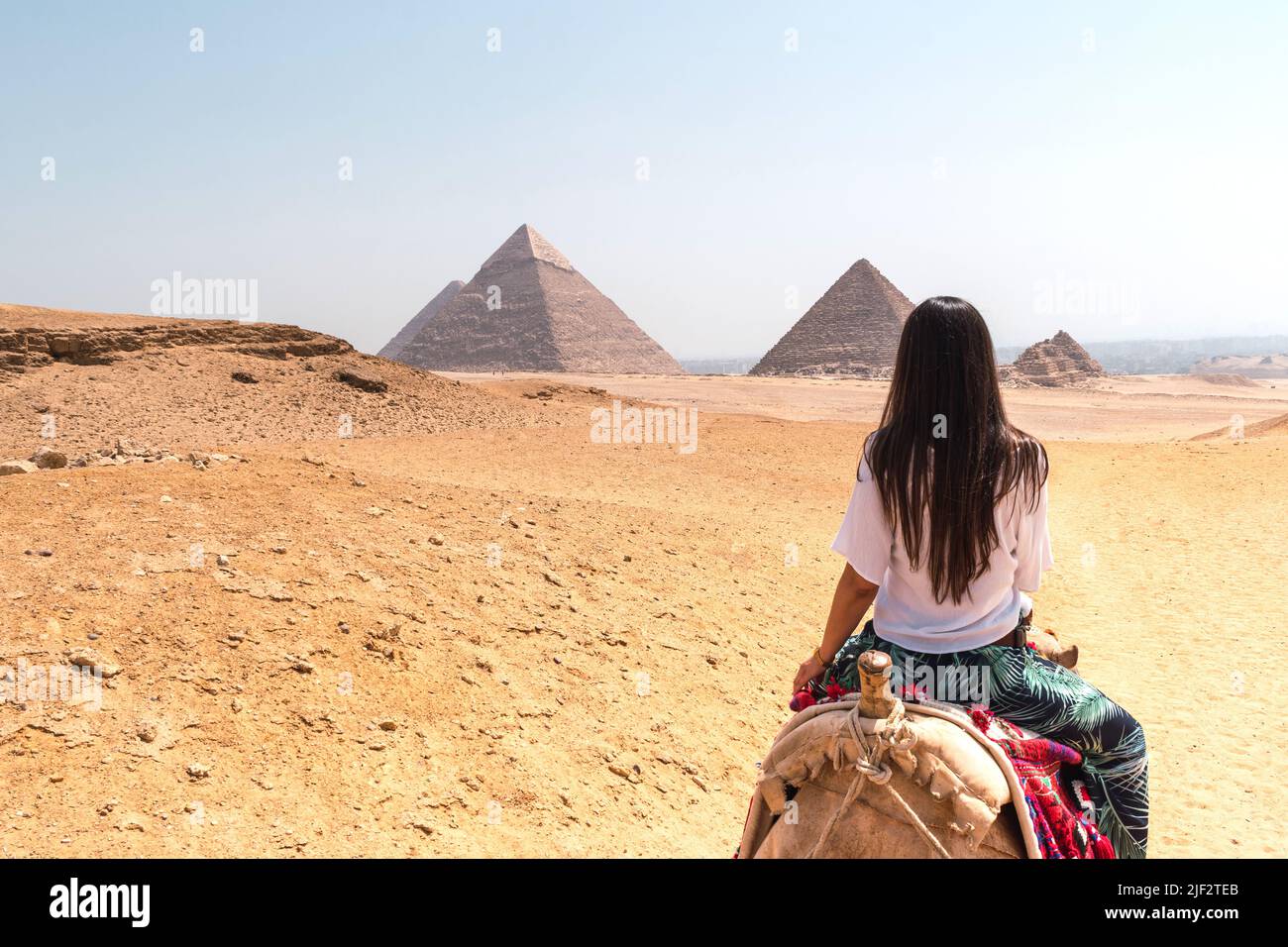 Woman with long dark hair mounted on a dromedary on her back looking at ...
