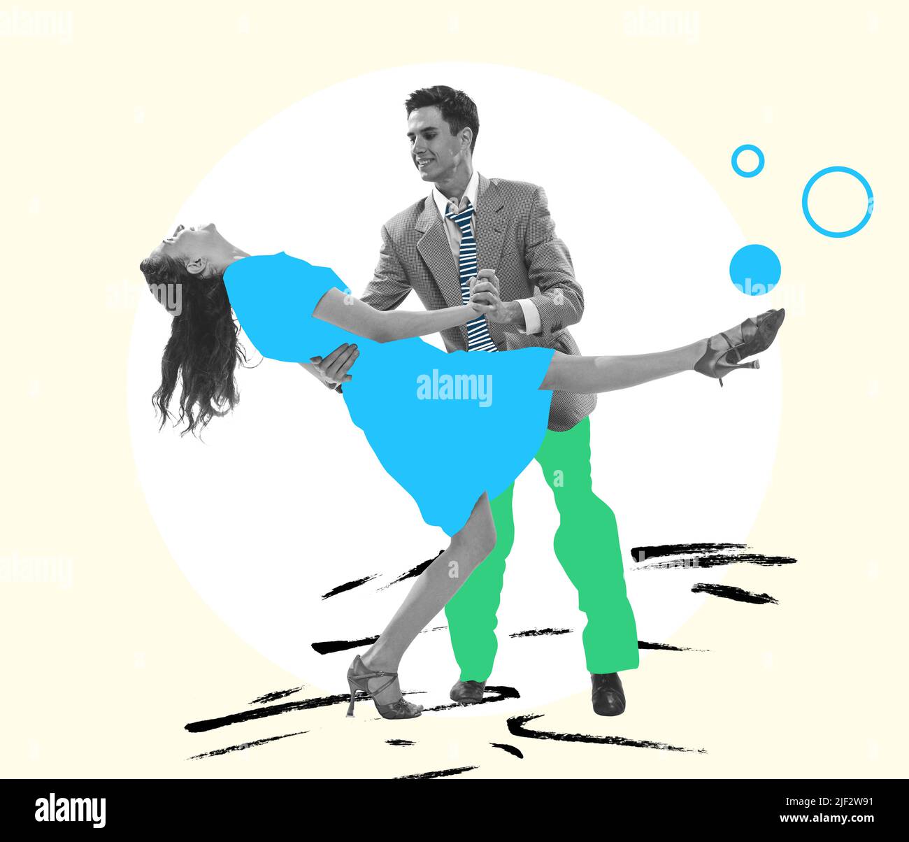 Energetic excited dancing couple in bright retro 70s, 80s style outfits ...