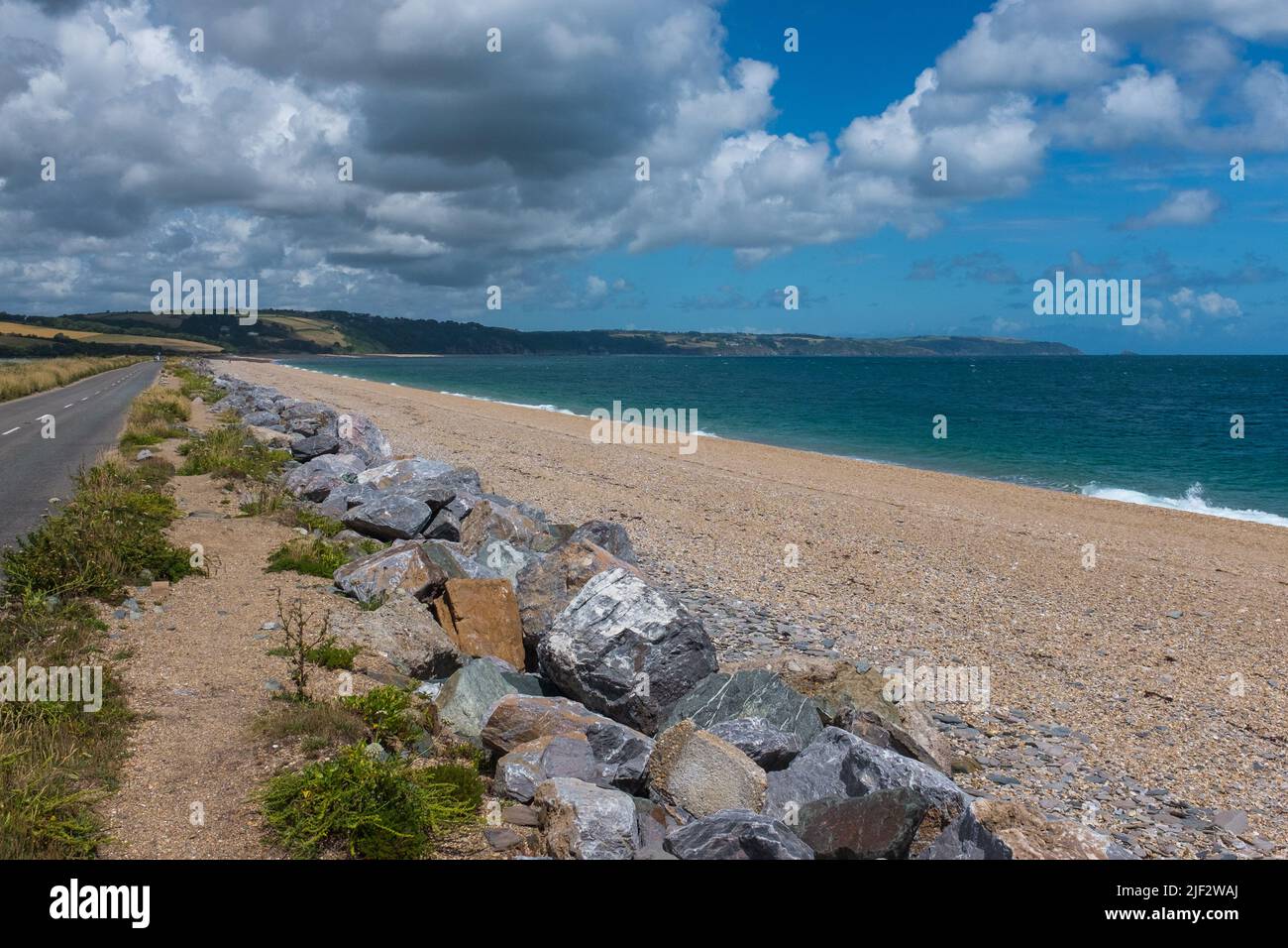 Sea defences at the shingle beach at Slapton Sands, Start Bay, Devon ...