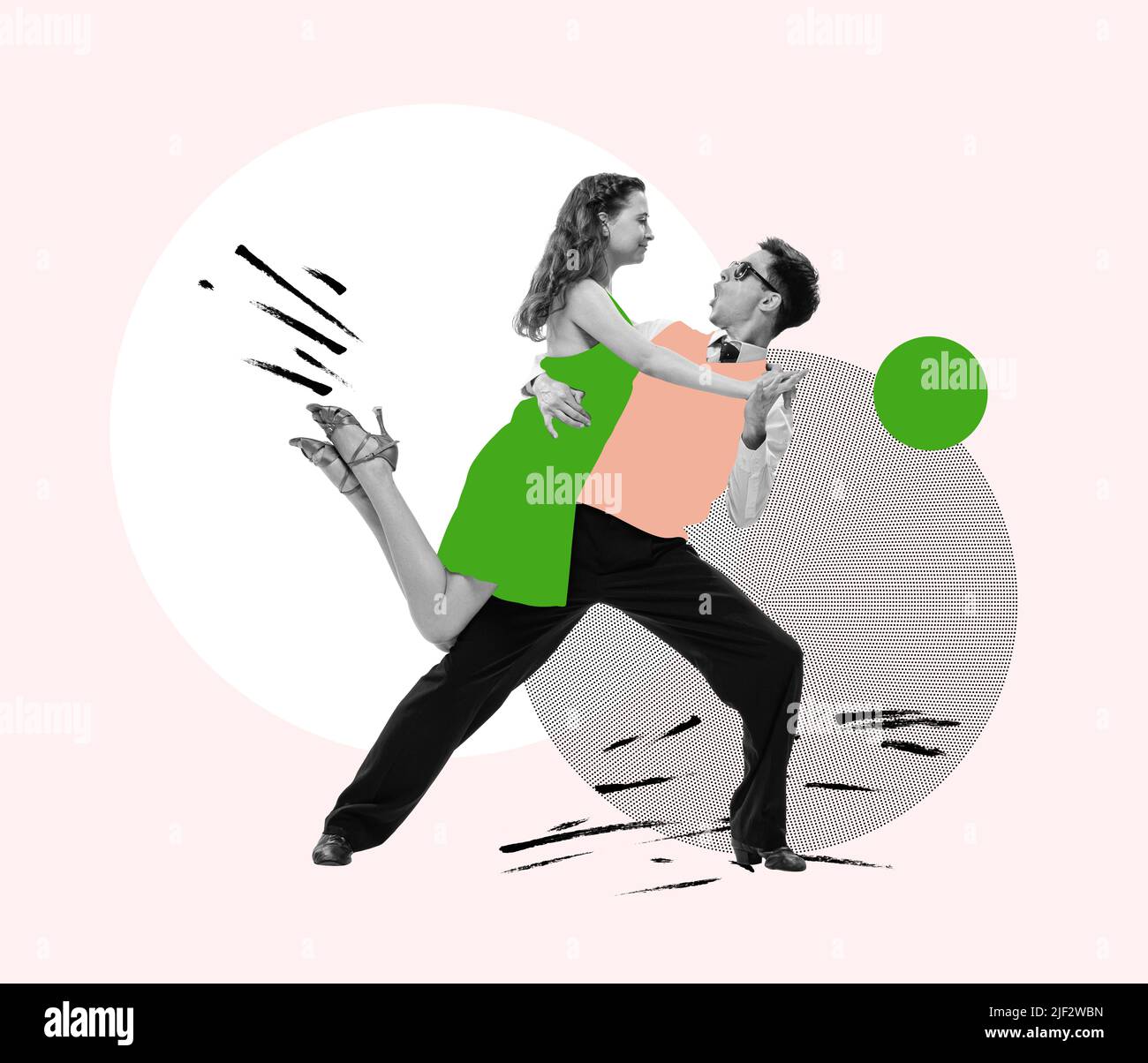 Young happy dancing man and woman in bright retro 70s, 80s style ...