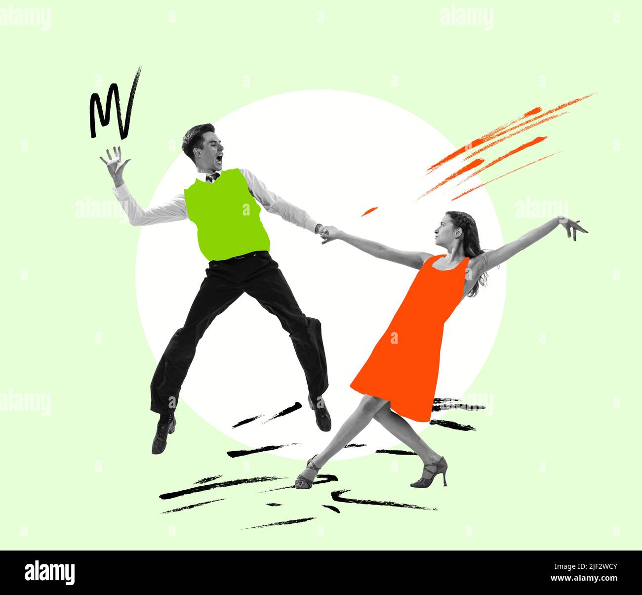 Energetic excited dancing couple in bright retro 70s, 80s style outfits ...