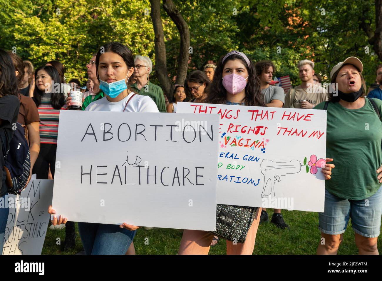 A crowd of protesters holding demonstration signs after Supreme Court ...