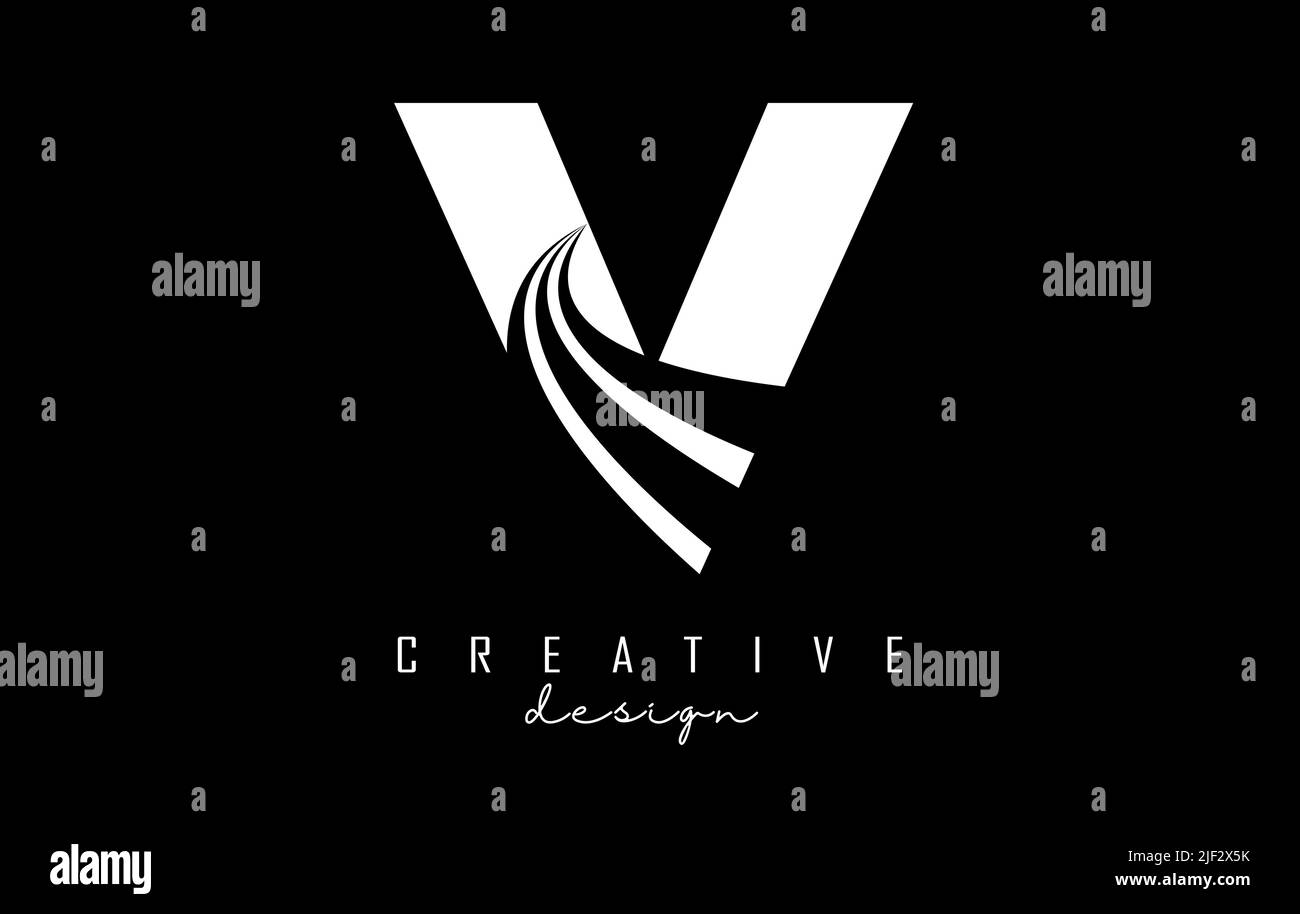 White letter V logo with leading lines and road concept design. Letter ...