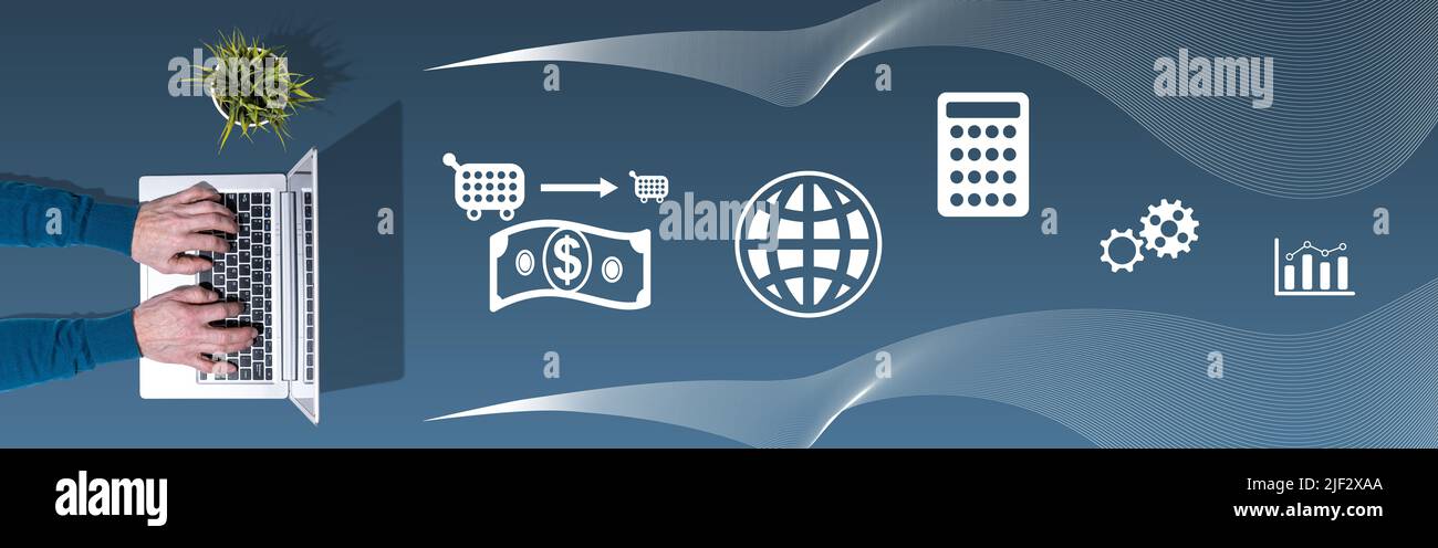 Top view of hands using laptop with symbol of inflation concept Stock ...