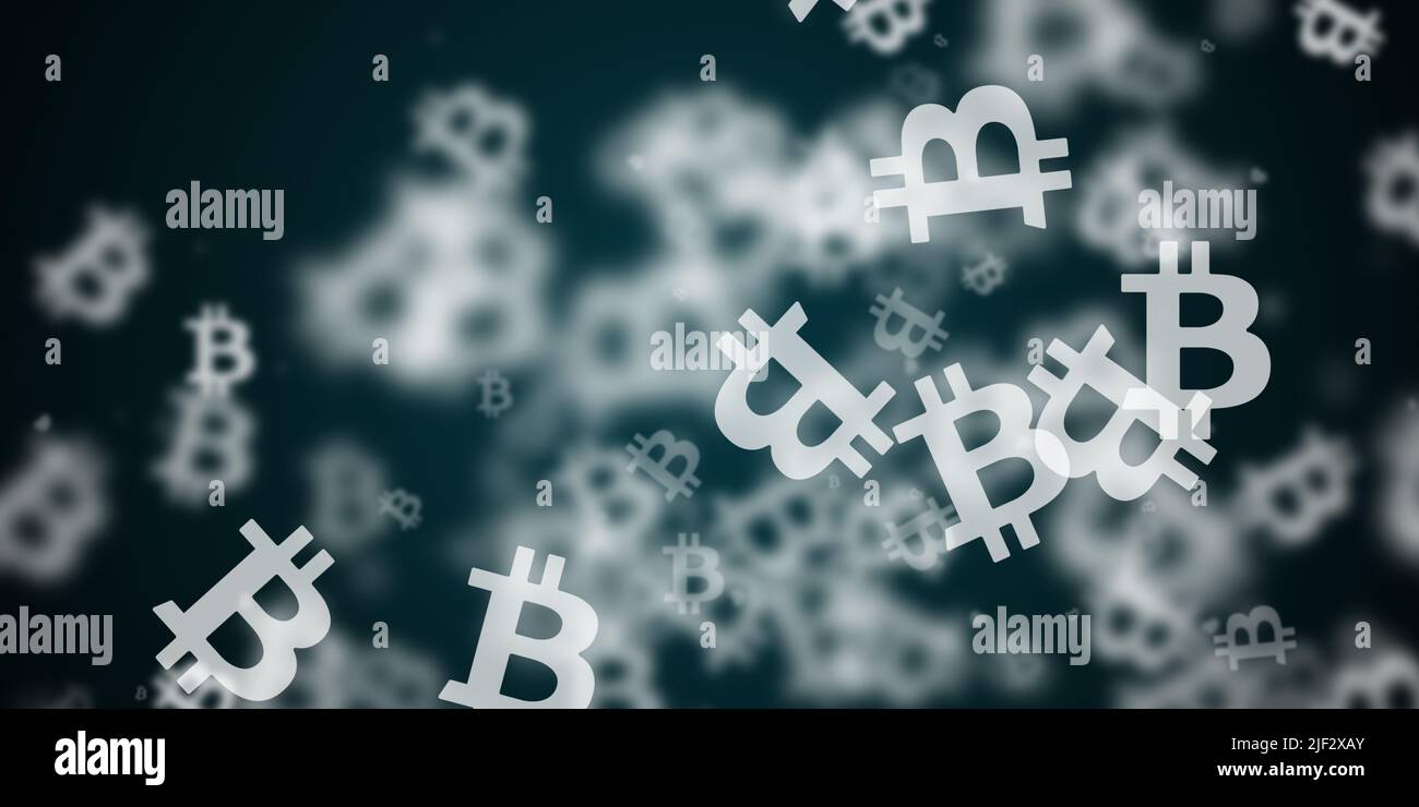 Flying bitcoin logos over dark blue background Stock Photo - Alamy