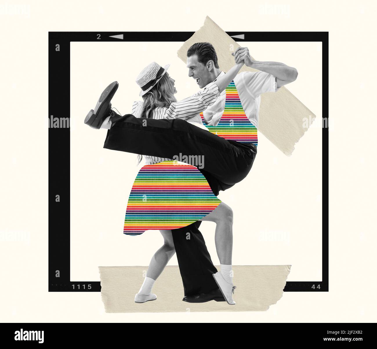 Energetic excited dancing couple in bright retro 70s, 80s style outfits ...