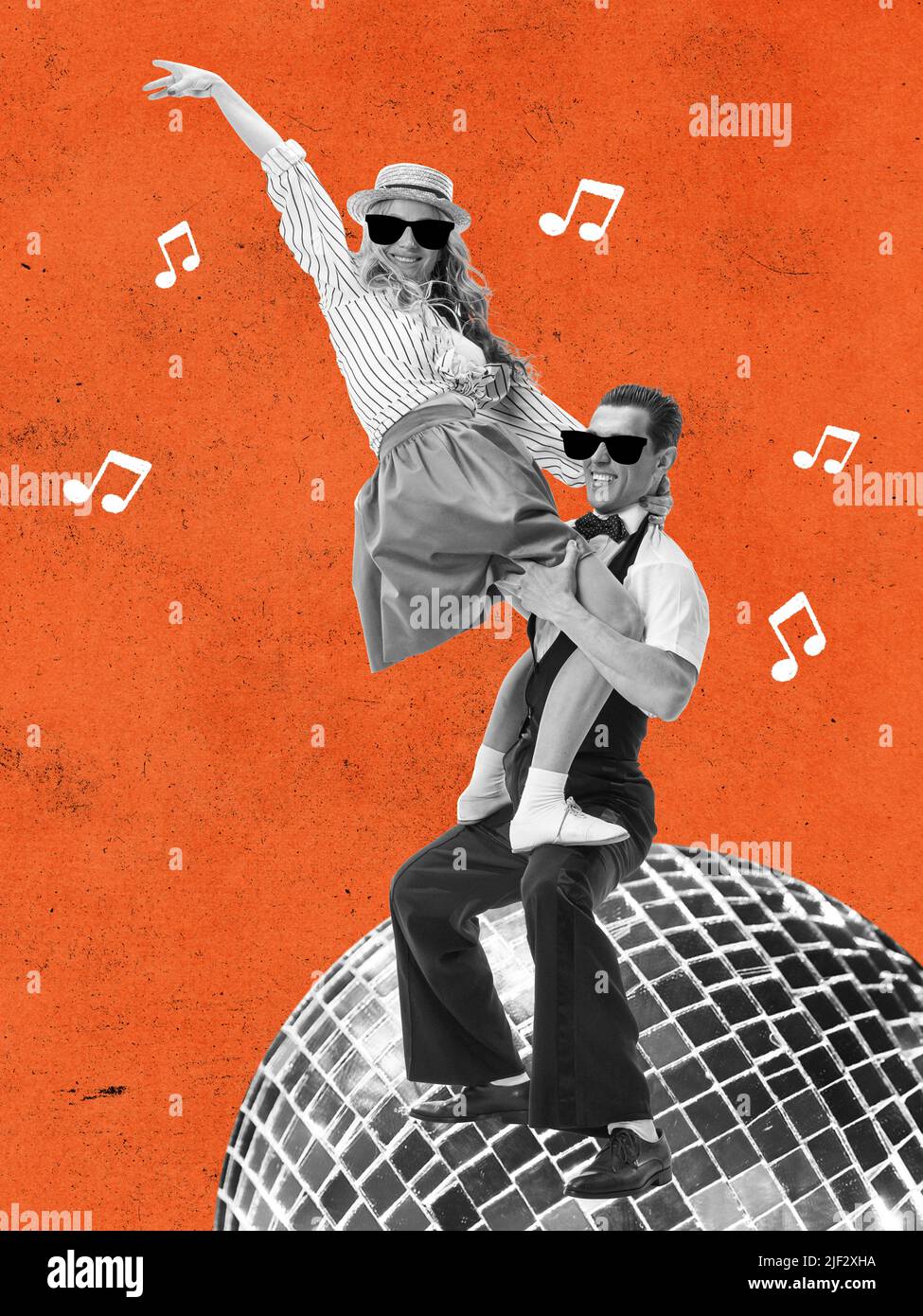 Young happy dancing man and woman in bright retro 70s, 80s style ...