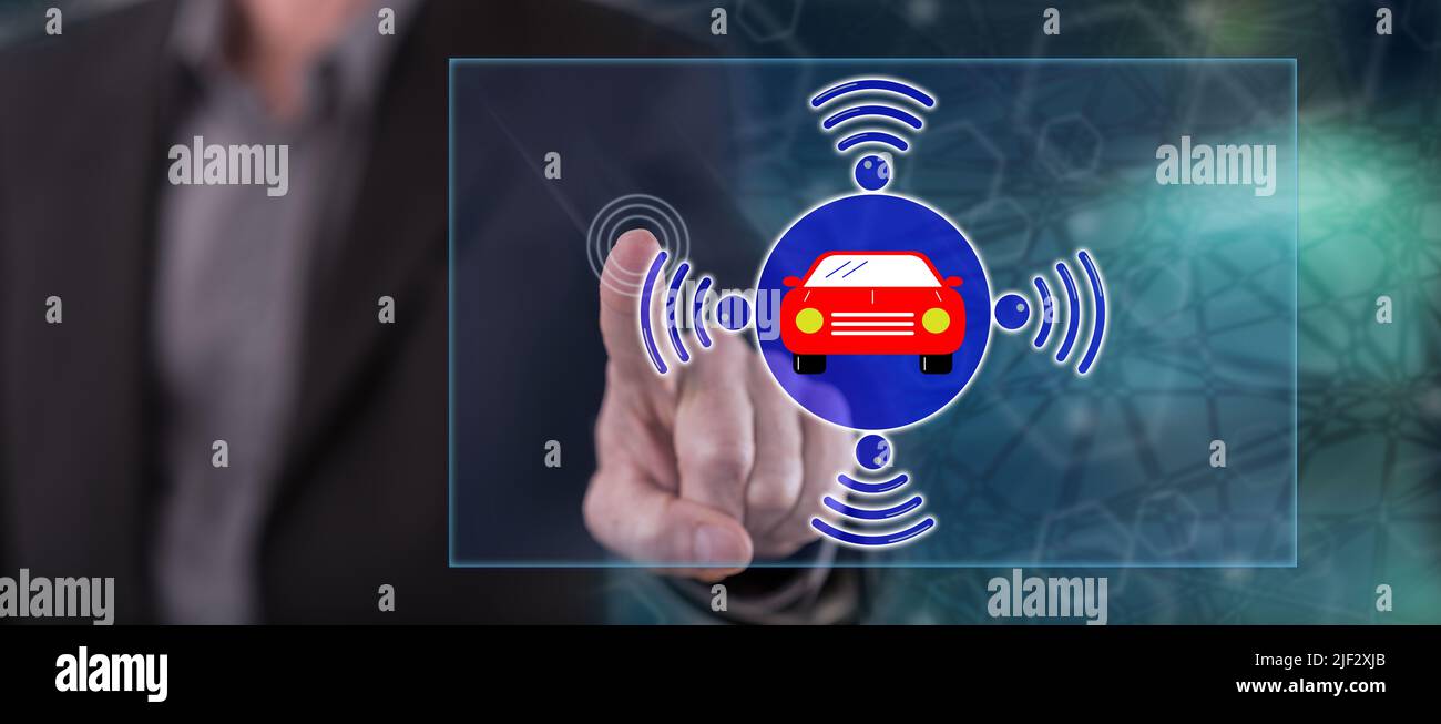 Man touching a smart car concept on a touch screen with his finger ...