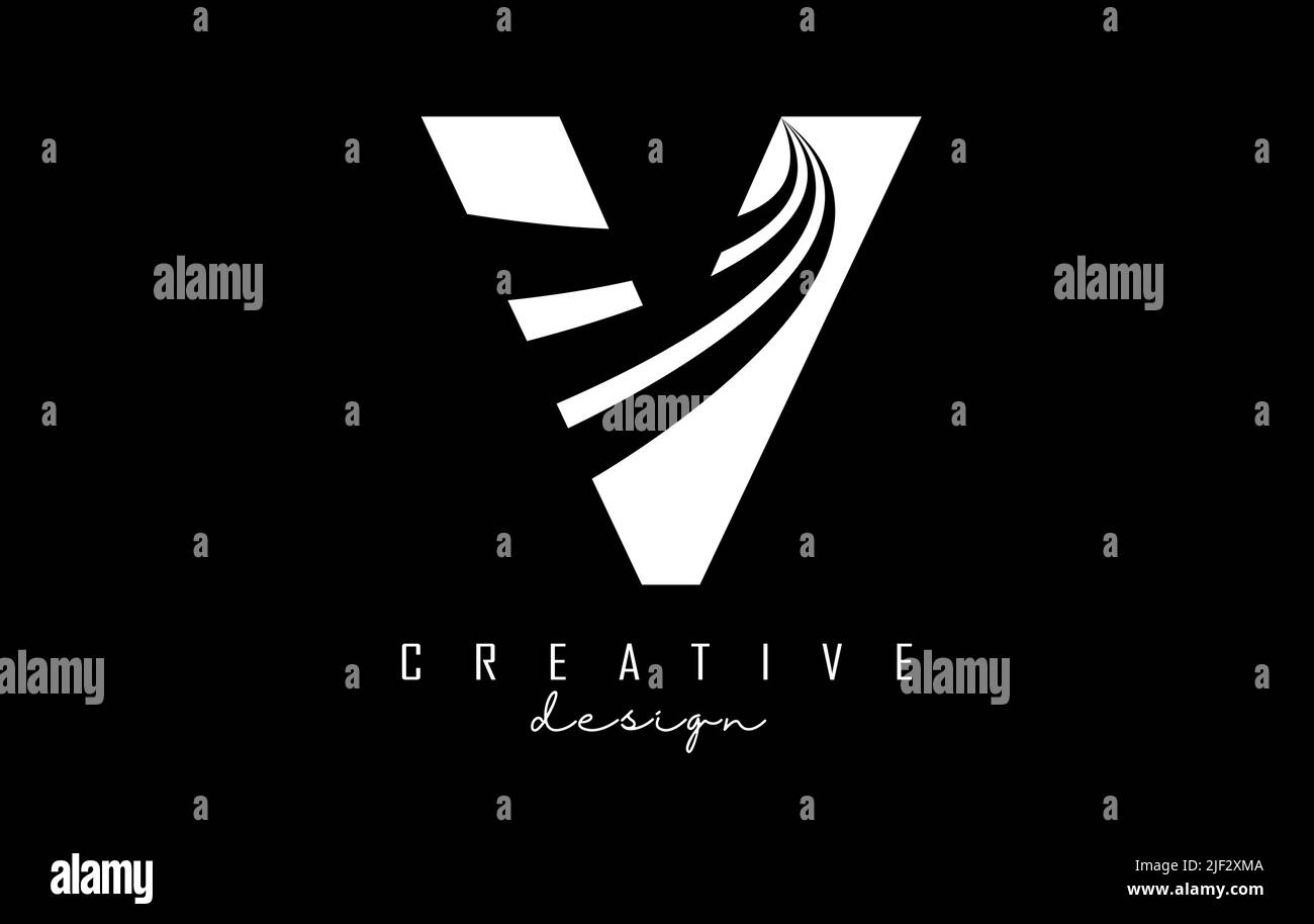 White letter V logo with leading lines and road concept design. Letter ...