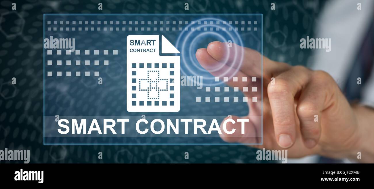 Man touching a smart contract concept on a touch screen with his finger ...