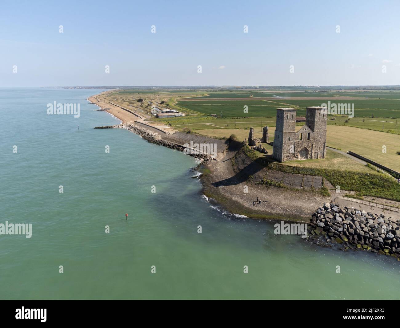 Bird's eye view of Historic Reculver ancient castle ruins and tower on ...