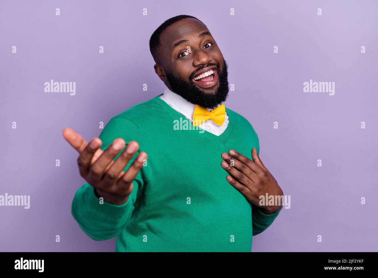 Photo of cheerful friendly person arm palm welcome camera you isolated ...