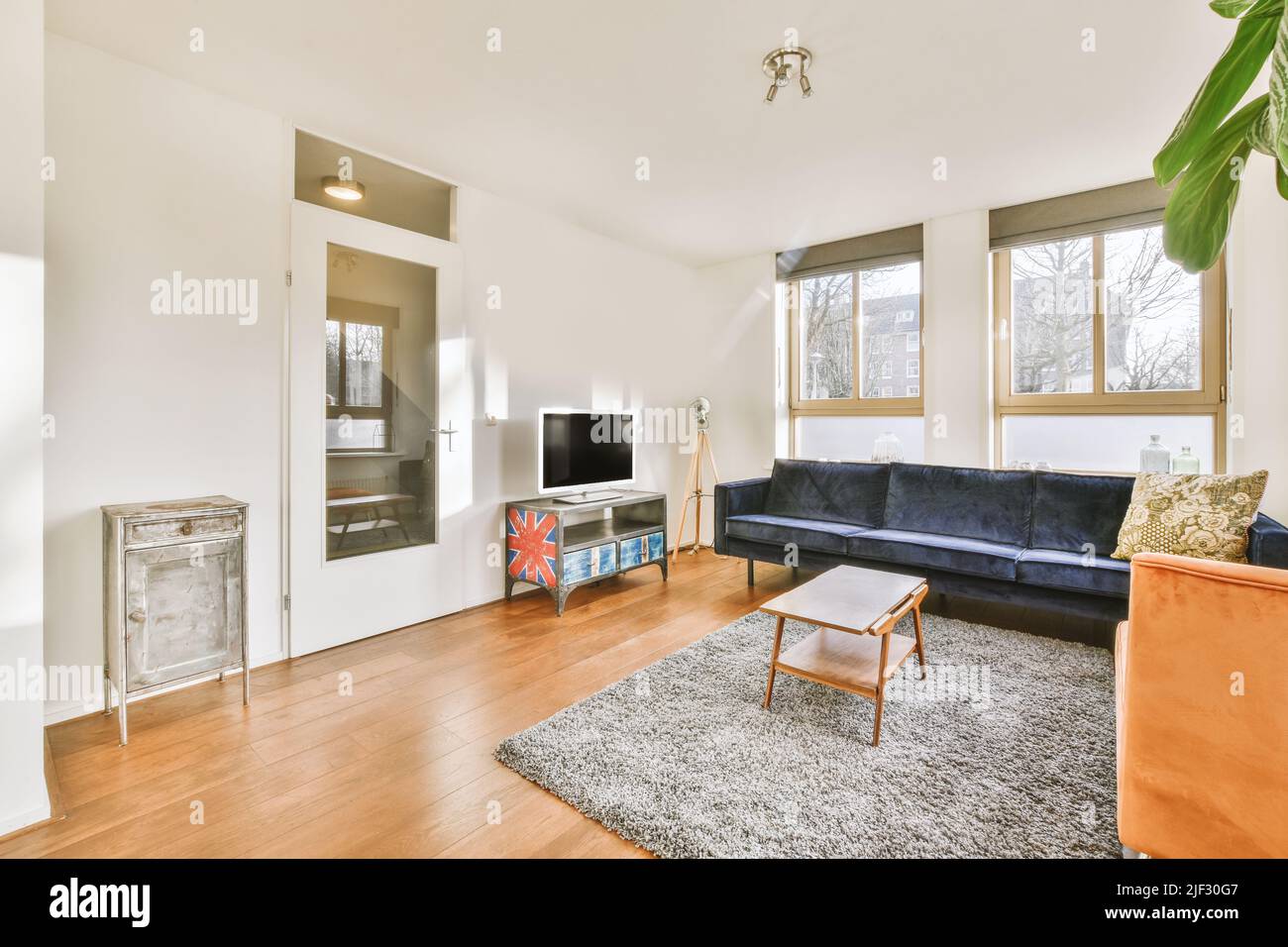 Comfortable sofa with cushions placed against light wall with TV and ...