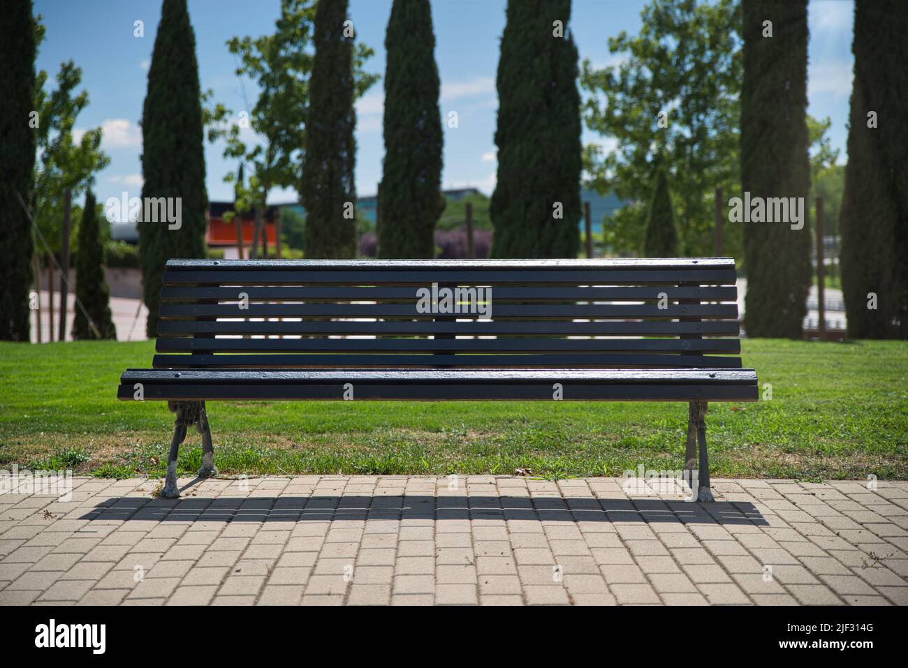Bench in the middle of an empty park. Background of a solitaire Stock ...