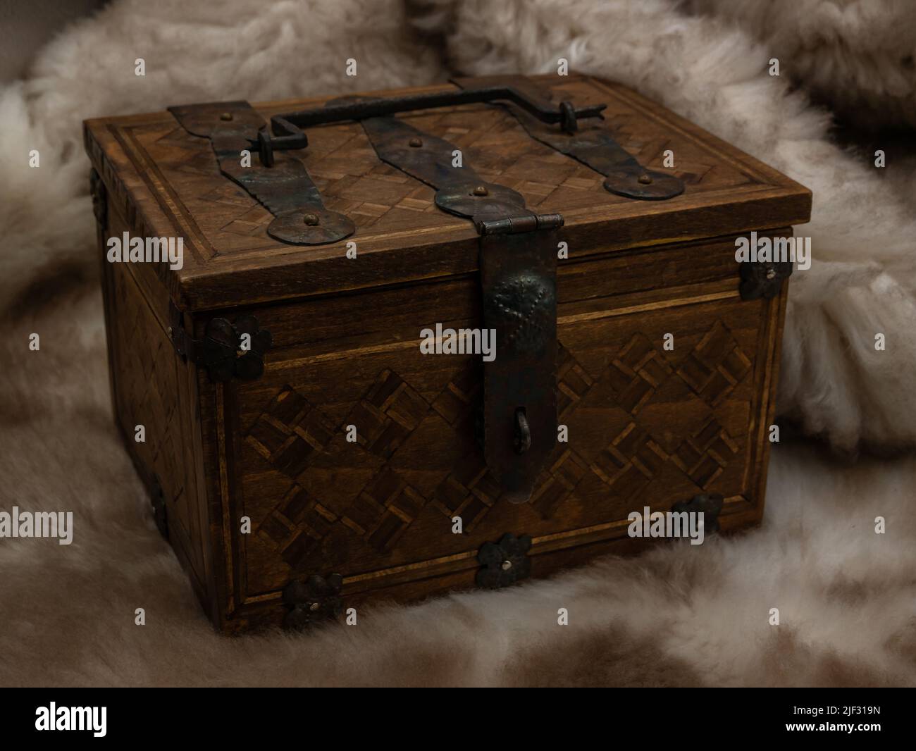 objects, wooden chest with metal decorations and wood engravings Stock ...