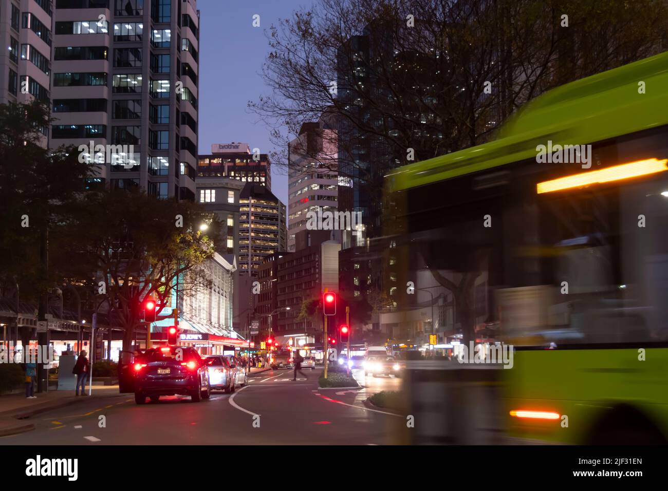 City street in evening, Lambton Quay, Wellington, North Island, New ...