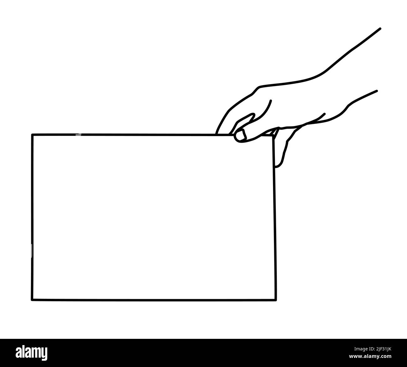 Hand holding A4 paper sheet hand drawn with thin line. Presenting ...