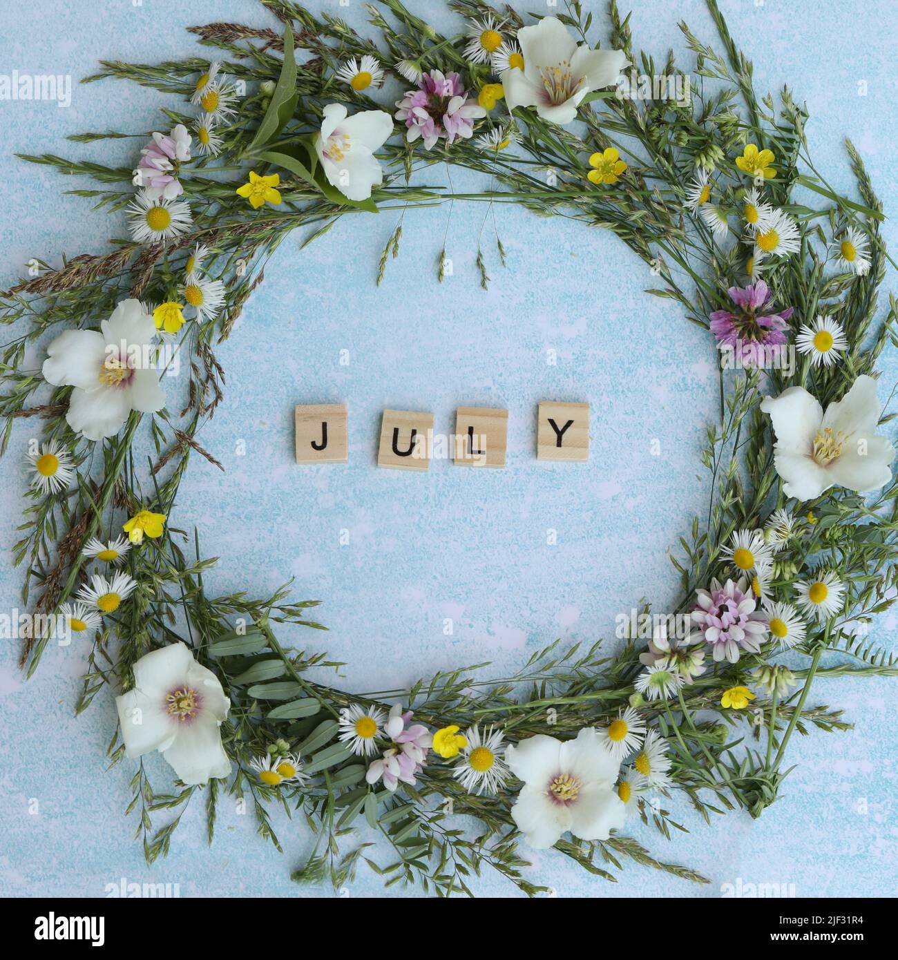blue background with flowers frame and text. july Stock Photo - Alamy