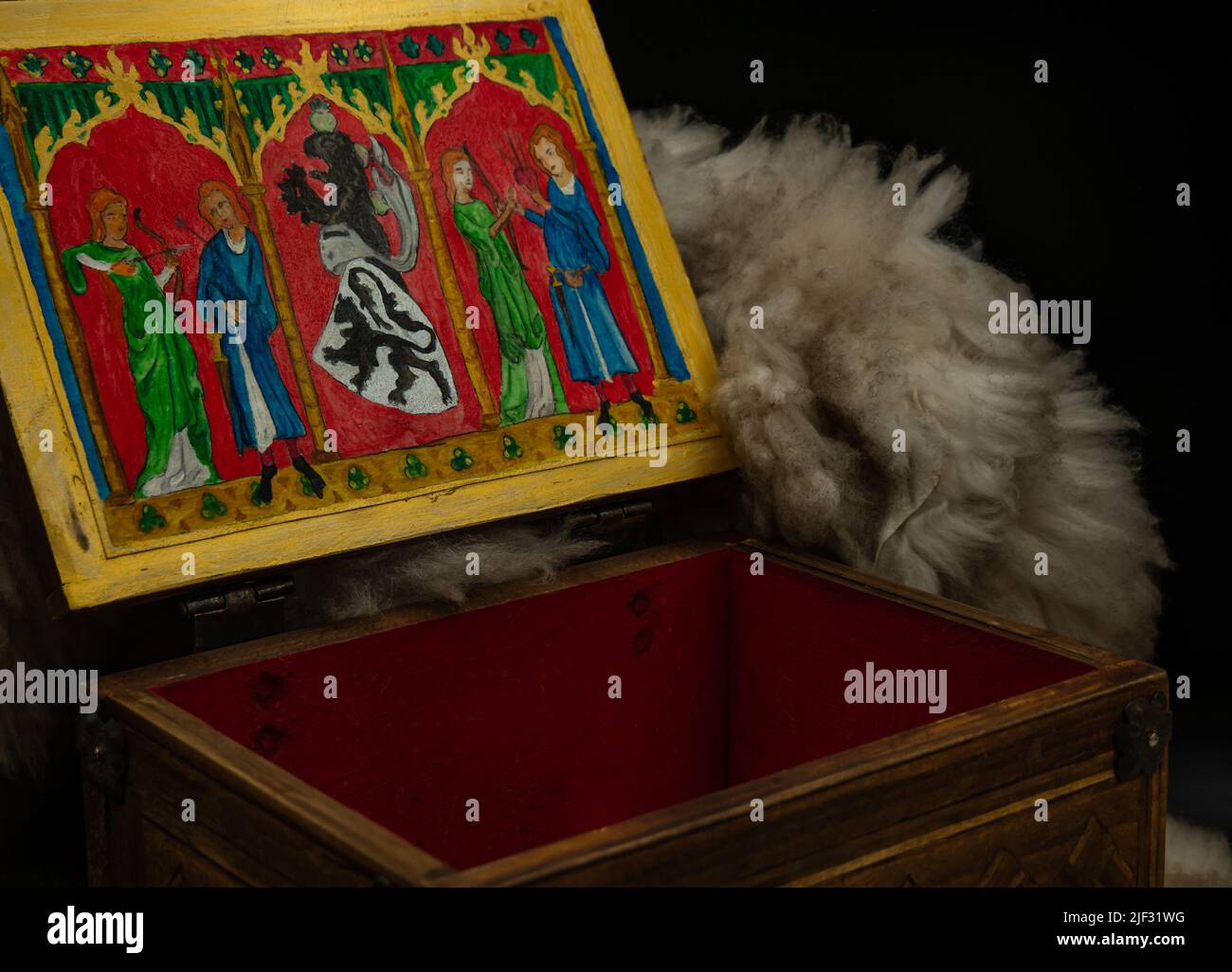 wooden chest with metal decorations and engravings on the wood, panel ...