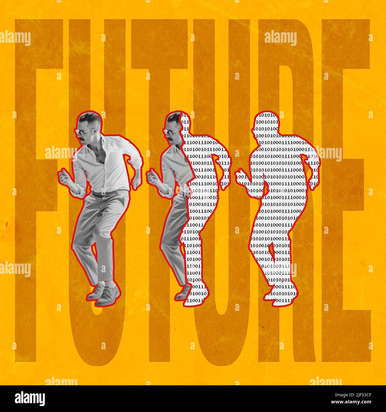 Stylish man in retro vintage style outfit dancing over yellow ...