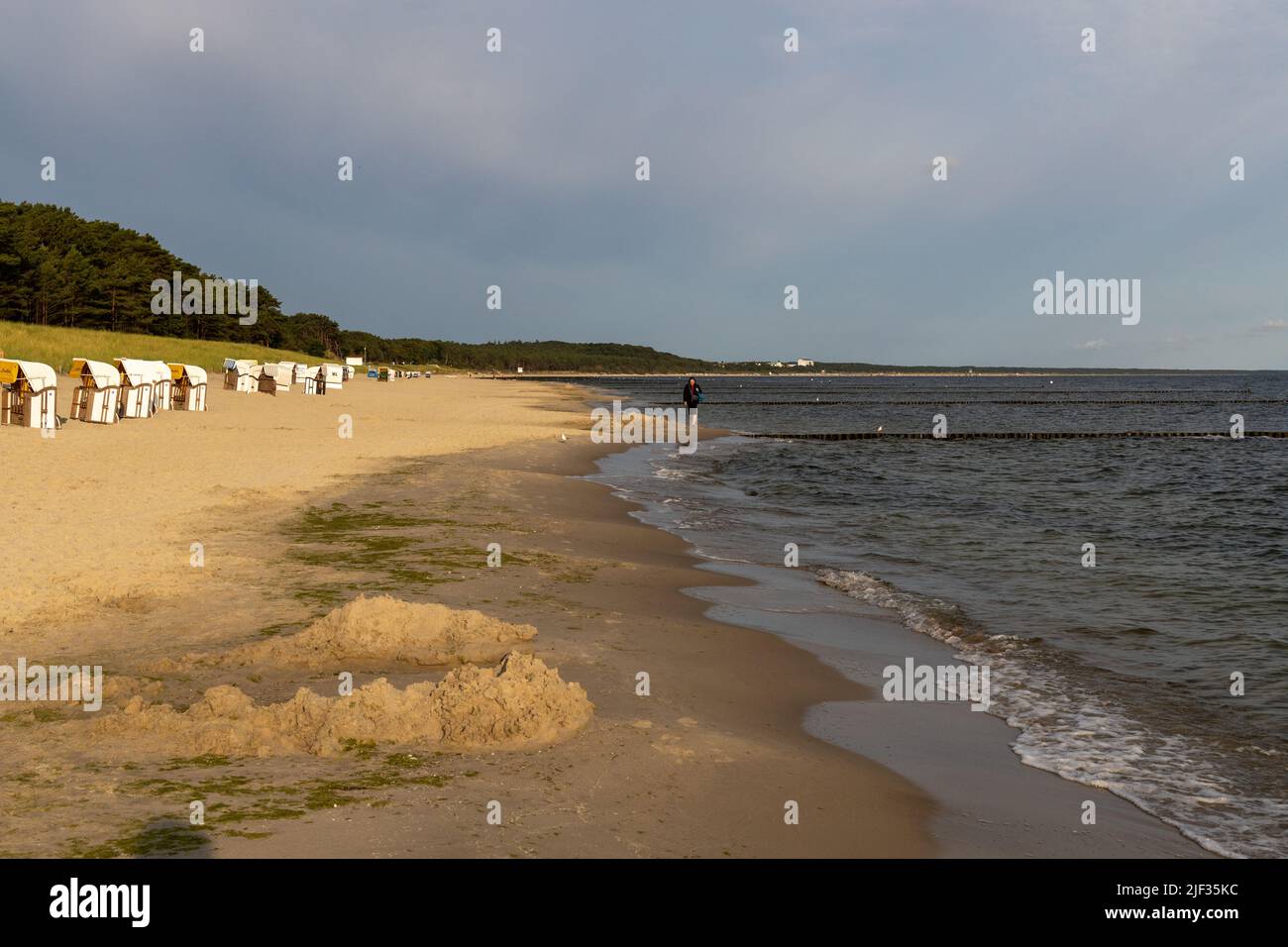 The view of the beach of Zempin on the island of Usedom with many beach ...