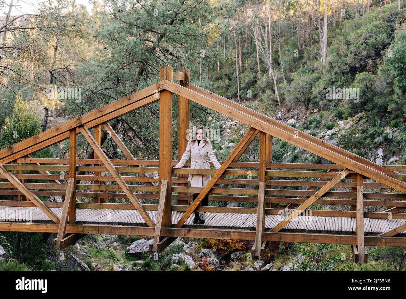 Tourist on a wood bridge with a river and a forest in Galicia, Spain ...