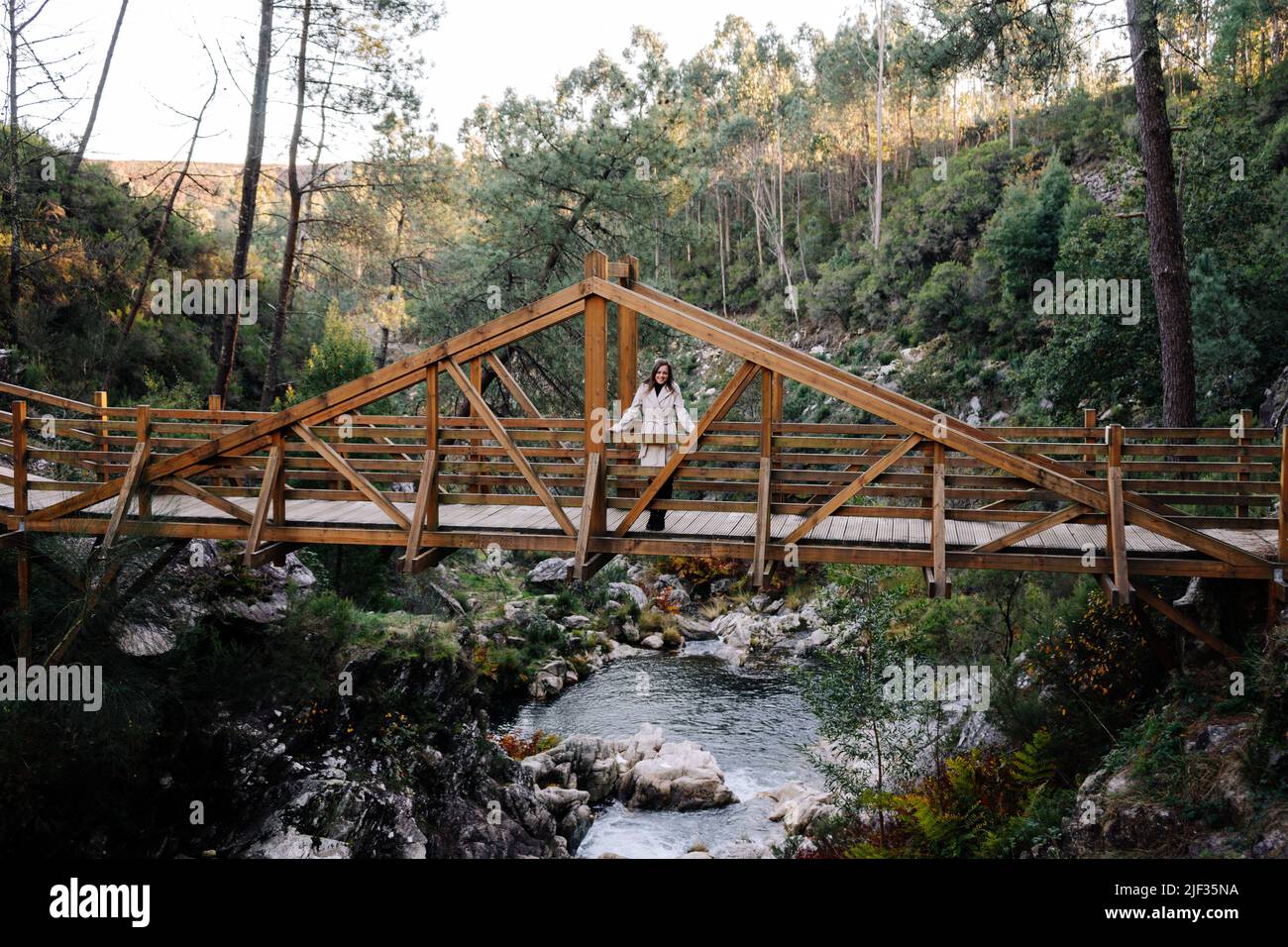 Tourist on a wood bridge with a river and a forest in Galicia, Spain ...