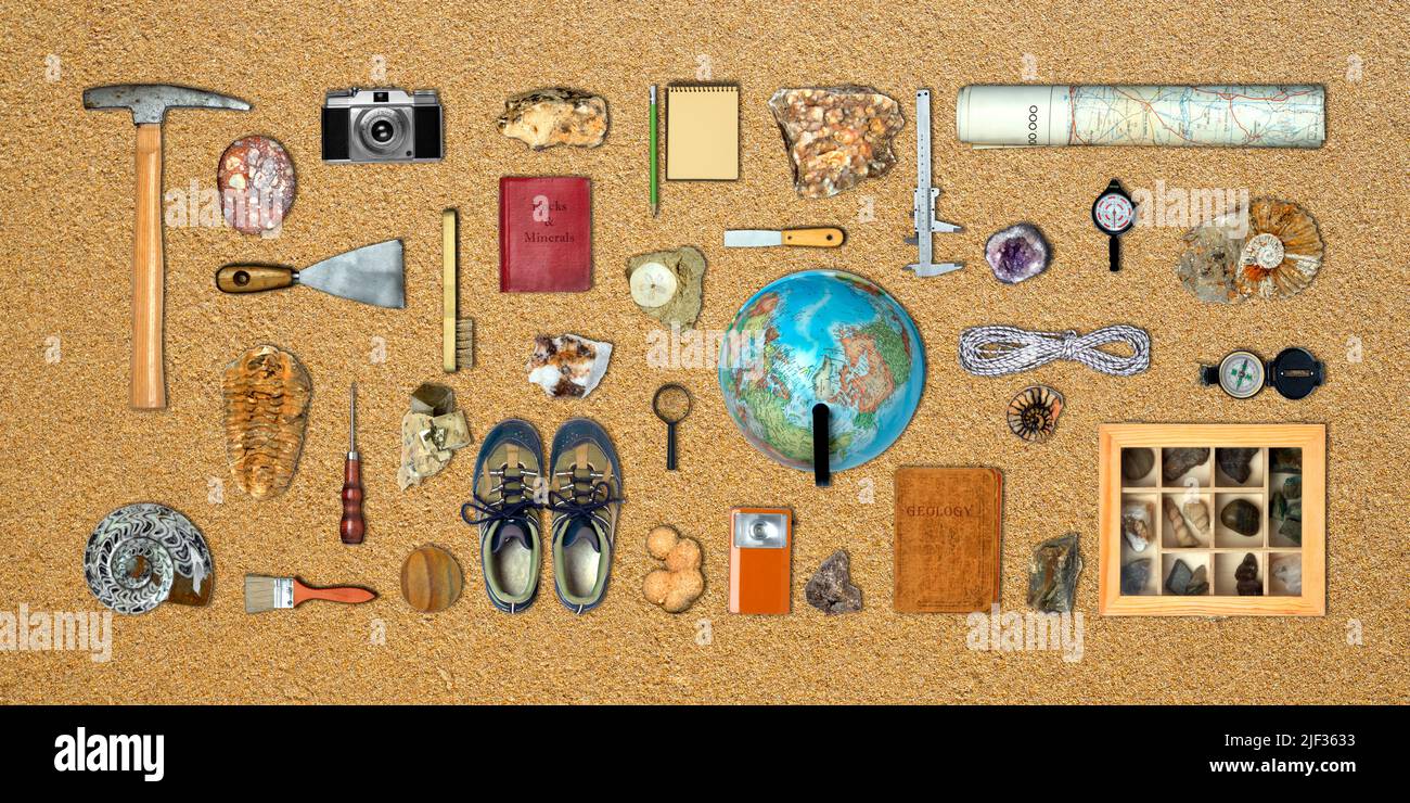 Topview of Set Fieldwork Geology Tools on Textured Background Stock ...