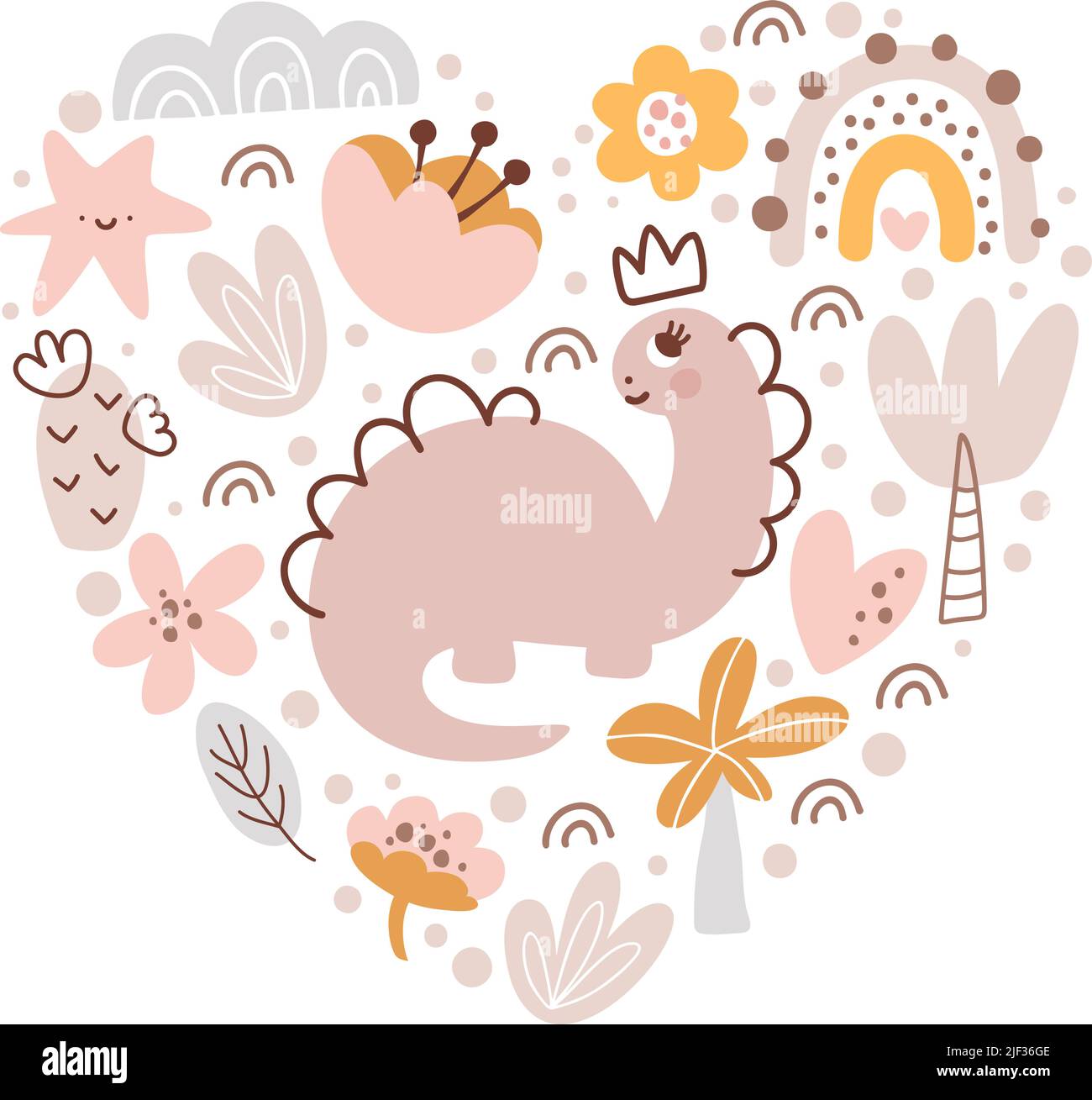 Cute vector Dino Girl composition in form of heart love. Kid greeting ...