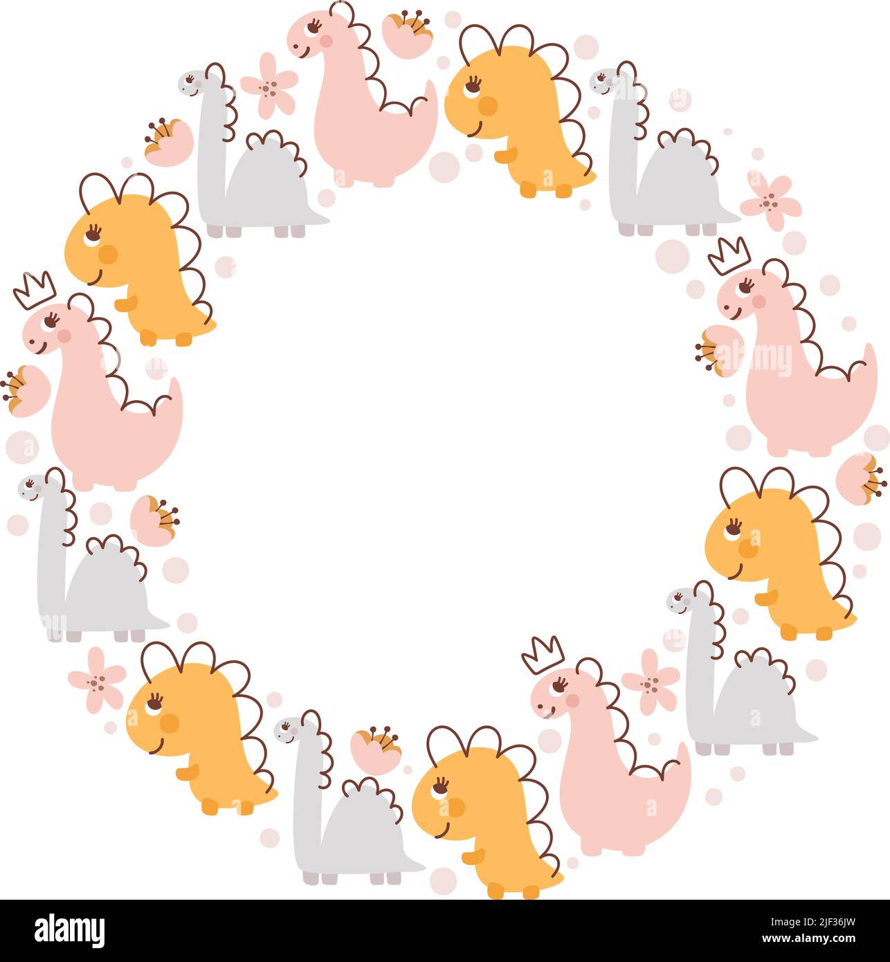 Circle Vector dino girl frame with dinosaurs and hand drawn flowers ...