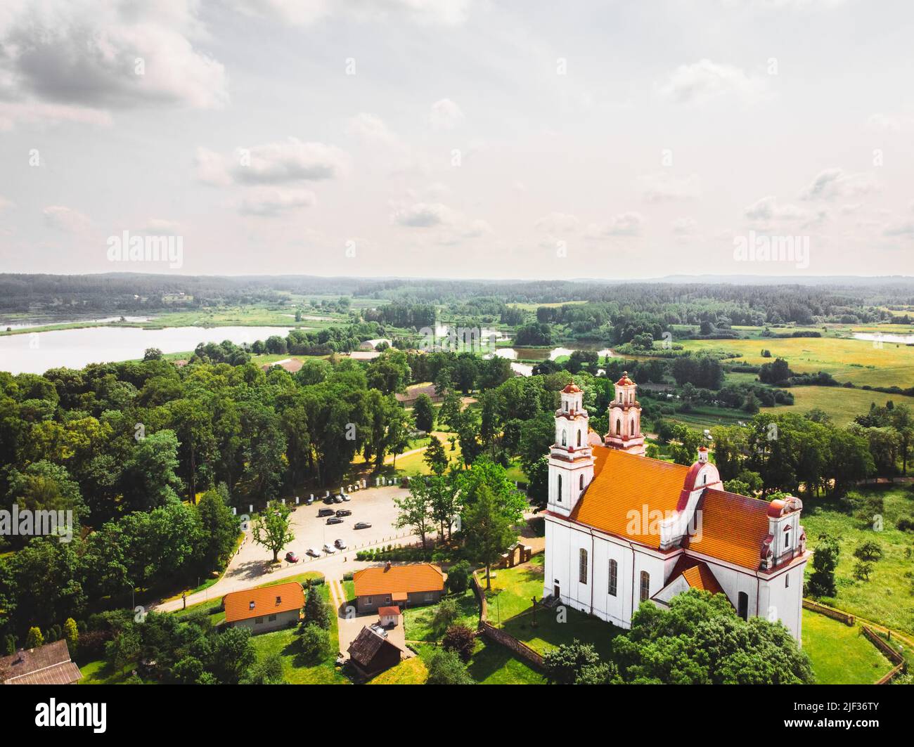 Aerial view St. Jacob the apostle church in Kurtuvenai town, with ...
