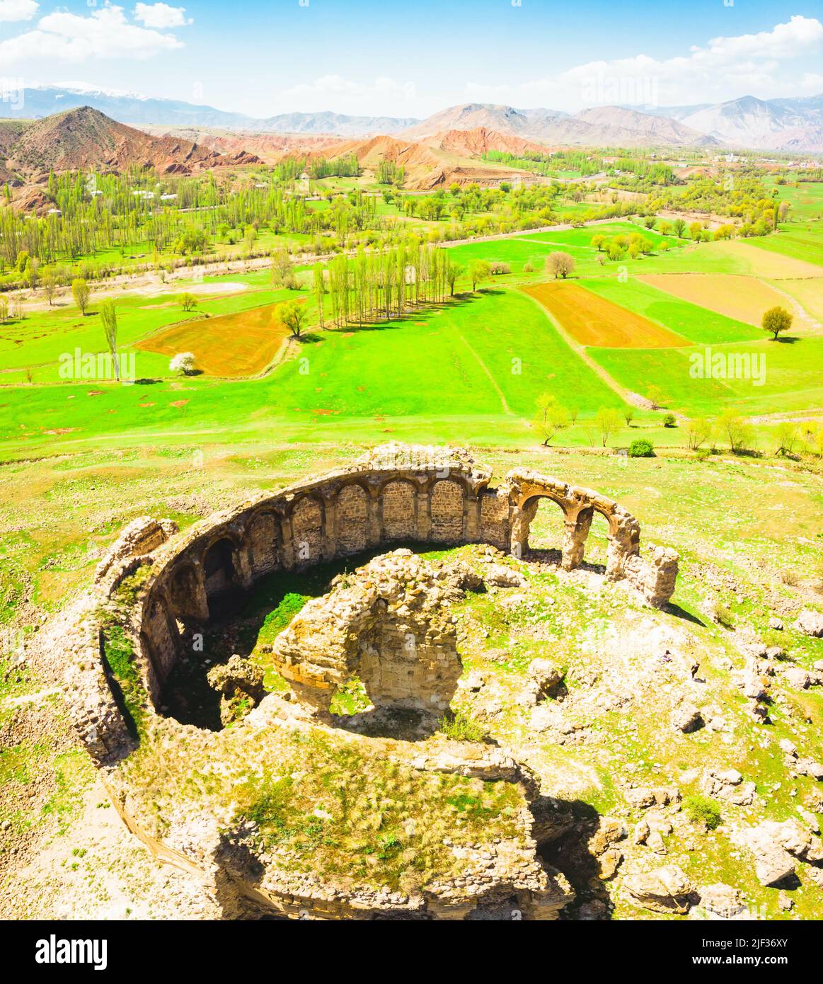 Aerial top down view scenic round Bana cathedral wall ruins . Famous georgian landmark in Turkey ...