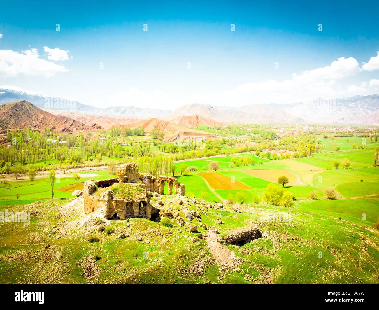 Aerial top down view scenic round Bana cathedral wall ruins . Famous ...