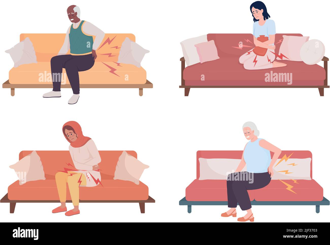 People suffering from stomach and back pain semi flat color vector ...