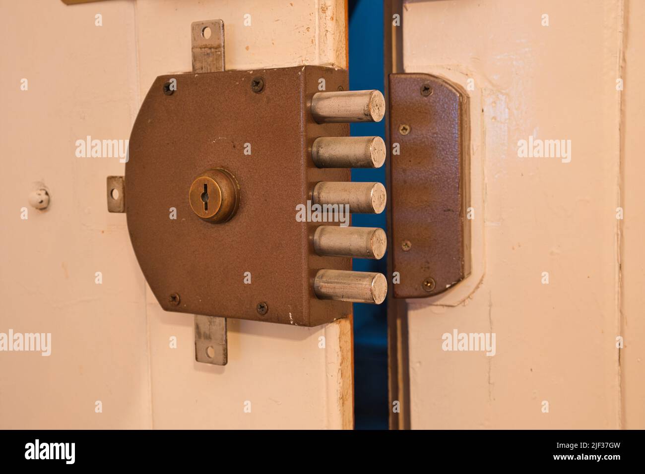 old door lock with steel bolts, high security , home security Stock ...